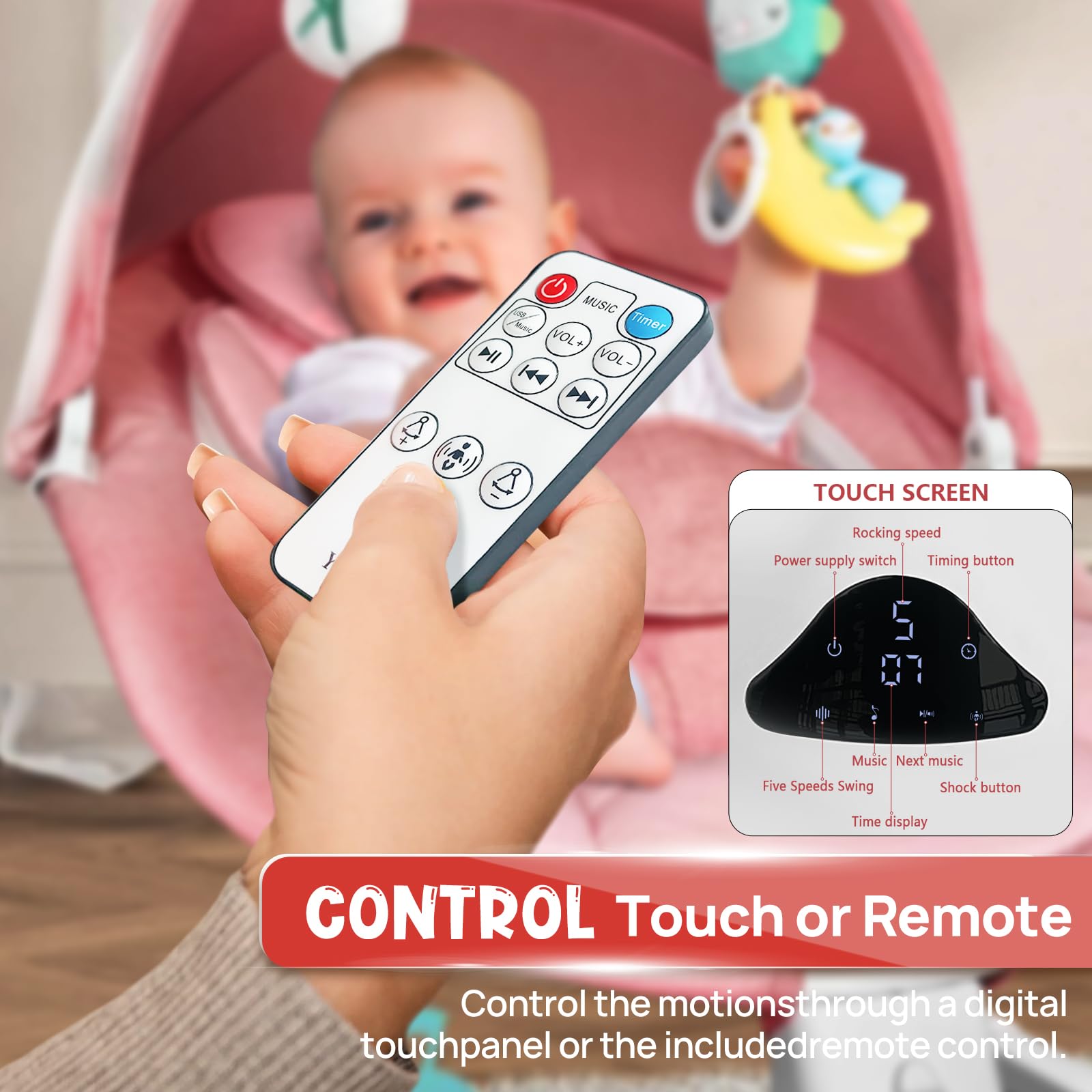 Baby Swing for Infants,Electric Portable Swing for Baby Boy Girl,Remote Control Indoor Baby Rocker with 5 Sway Speeds,3 Timer Settings,12 Music and Bluetooth.(Pink)