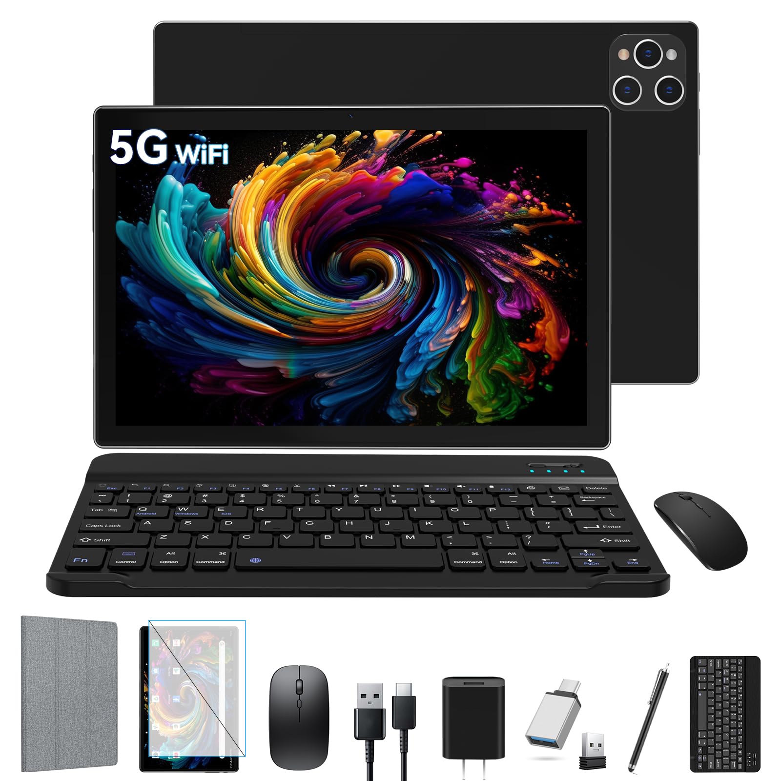 ANTEMPER Android Tablet, 10 Inch Android 12 Tablet PC, 128GB + 16(8+8) GB Tablets, Octa-Core 2 in 1 Tablet with Keyboard, 2.4G/5G WiFi, HD IPS Display, 13MP Camera, 7000mAh Battery, Black