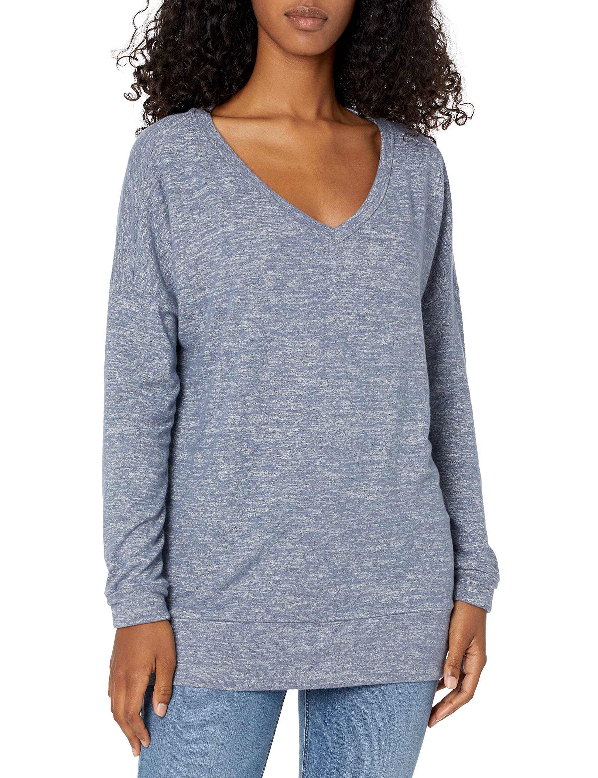 Amazon Brand - Daily Ritual Women's Cozy Knit Drop-Shoulder V-Neck Top, Blue Heather,Small