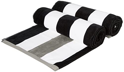 Amazon Basics Oversized Premium Cotton Beach Towel, 2-Pack, Pop Stripe - Black/Dark Gray, 72" x 36"