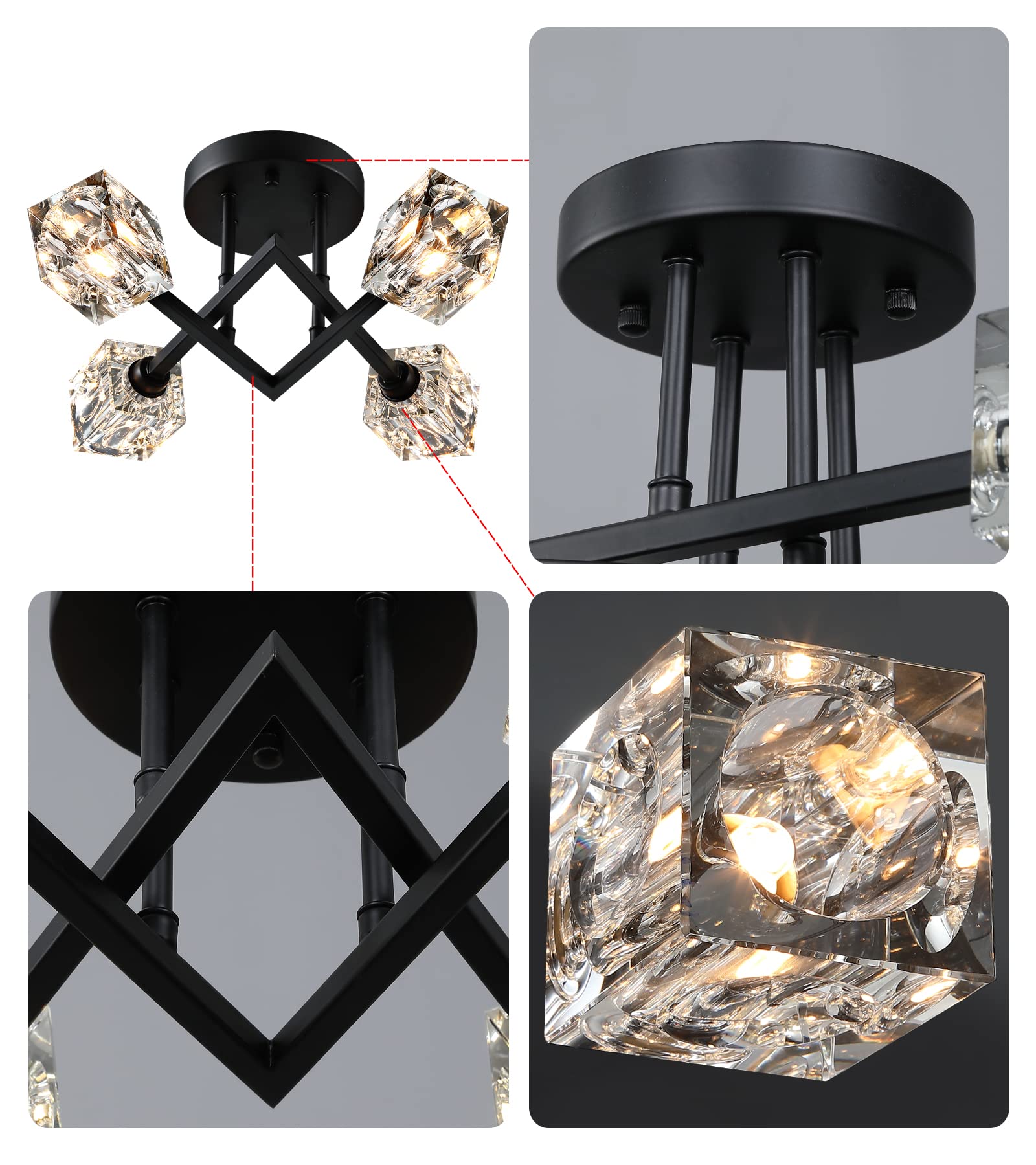 AMZASA Modern Semi Flush Mount Ceiling Light, Black Dining Room Light Fixtures,4-Lights Geometric Crystal Chandelier for Bedroom Entryway Hallway Porch Laundry Room