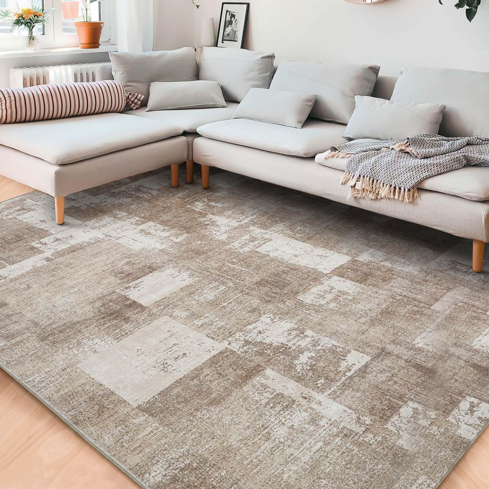 Area Rug Living Room Rugs: 5x7 Indoor Soft Small Low Pile Carpet Abstract Decor Large Washable for Bedroom Dining Room Under Kitchen Table Home Office - Beige/Ivory