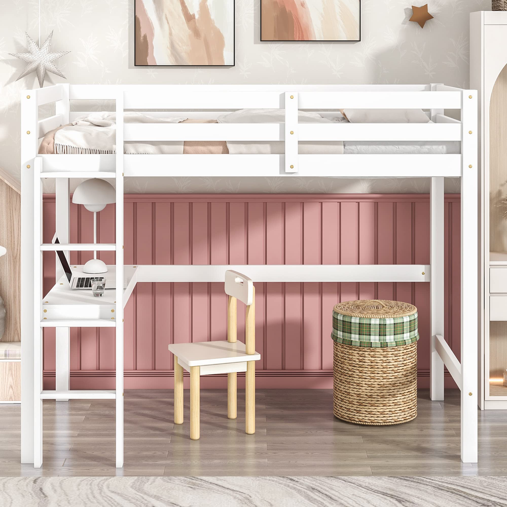 LiviNest Twin Loft Bed Frame - Wood Pine Bed Frames with Ladder Safety Rail and Desk - Loft Size Bed with Table for Kids Boys Girls White