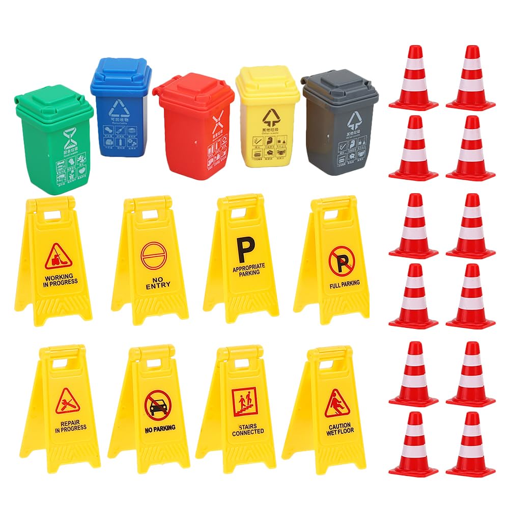 NUOBESTY Mini Traffic Signs Set, Plastic Street Signs Playset Traffic Cones Yellow Warning Sign Garbage Can Toy Safety Education Toy for Kids 25pcs