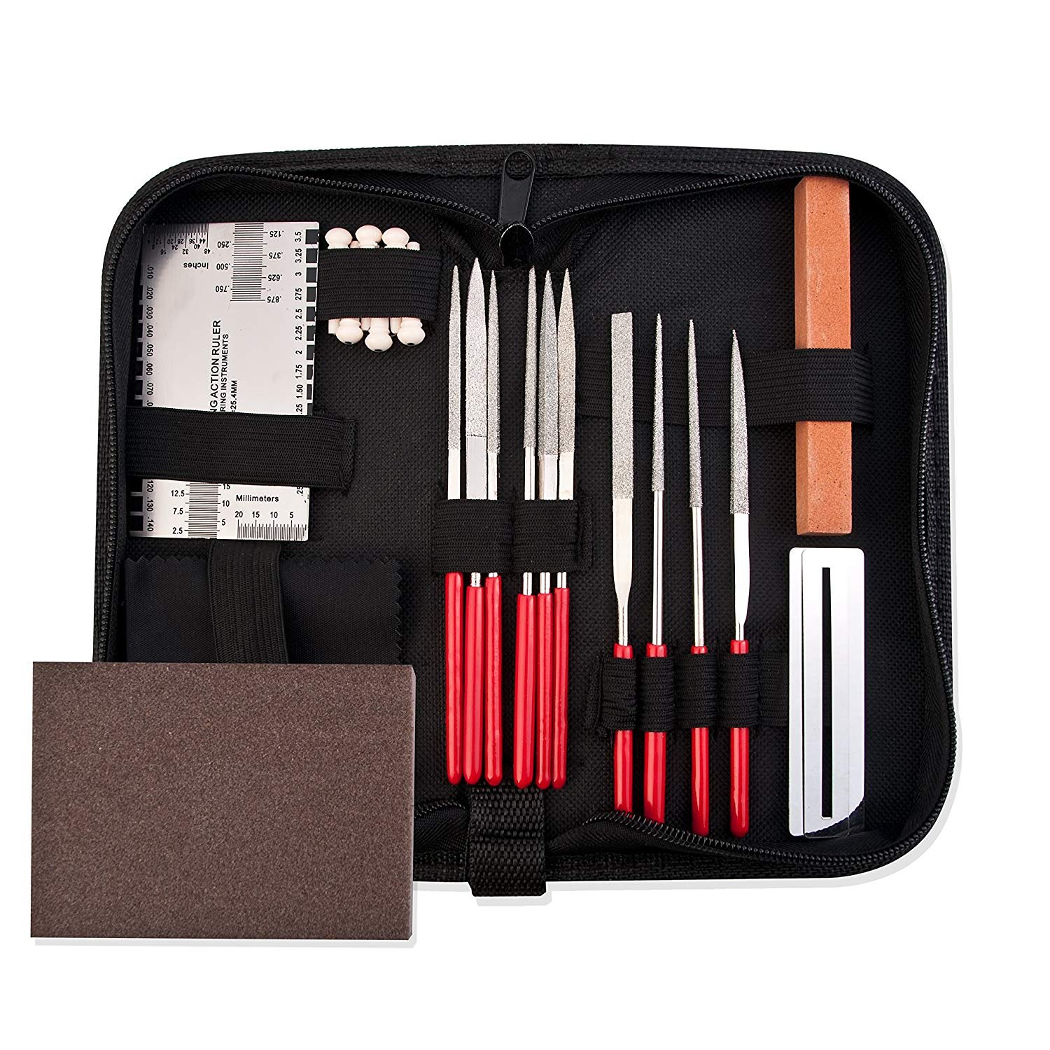 AMZZ Guitar Repair Tool Kit - Includes Bridge Pins, Needle File, String Action Ruler Gauge, Grinding Stone, Fret Guard, and Fingerboard Guards for Acoustic and Electric Guitars and Basses