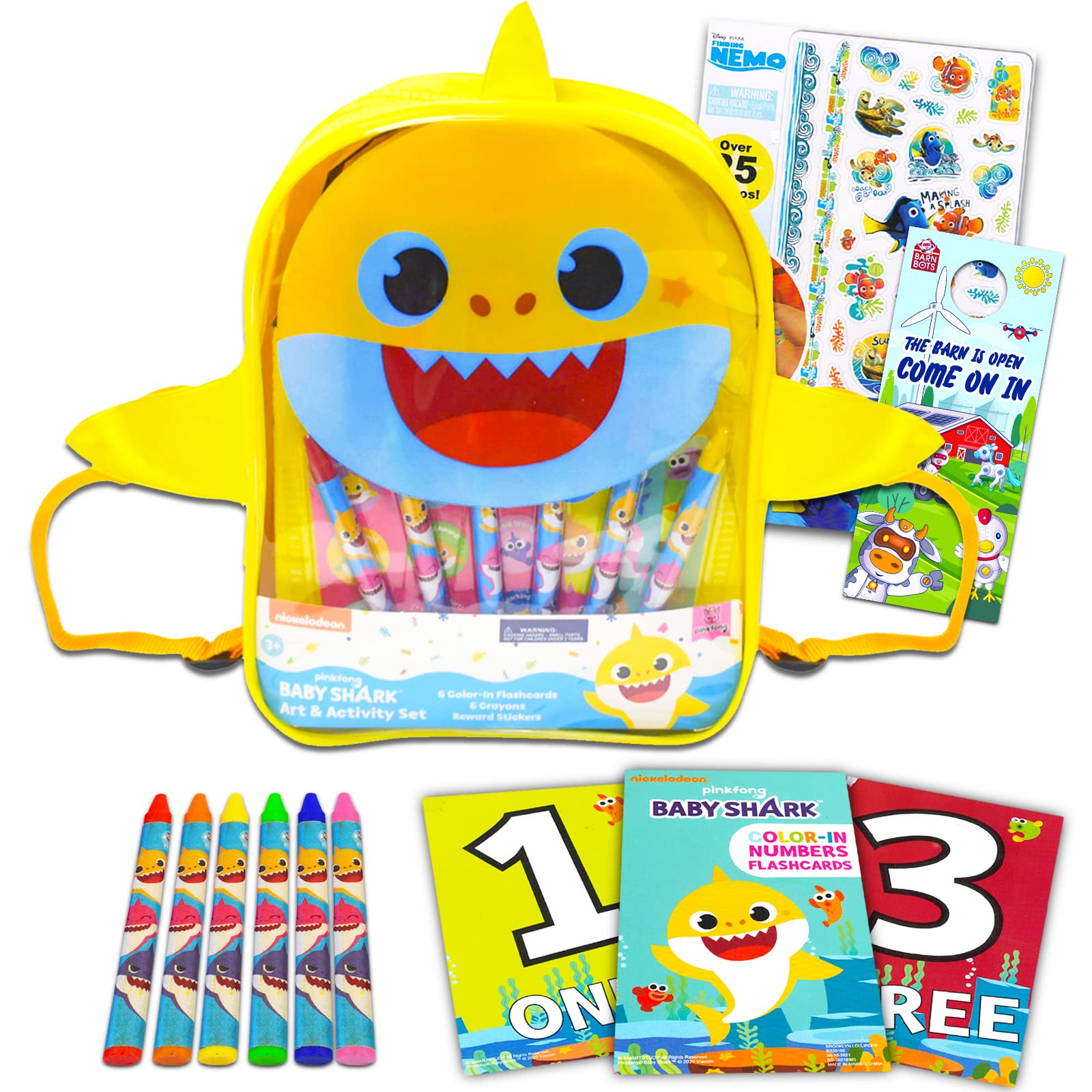 Beach Kids School Bag Bundle with Baby Shark Art Supplies | Includes 8.5'' Stationary Kit, Travel Bag, and Finding Dory Tattoos