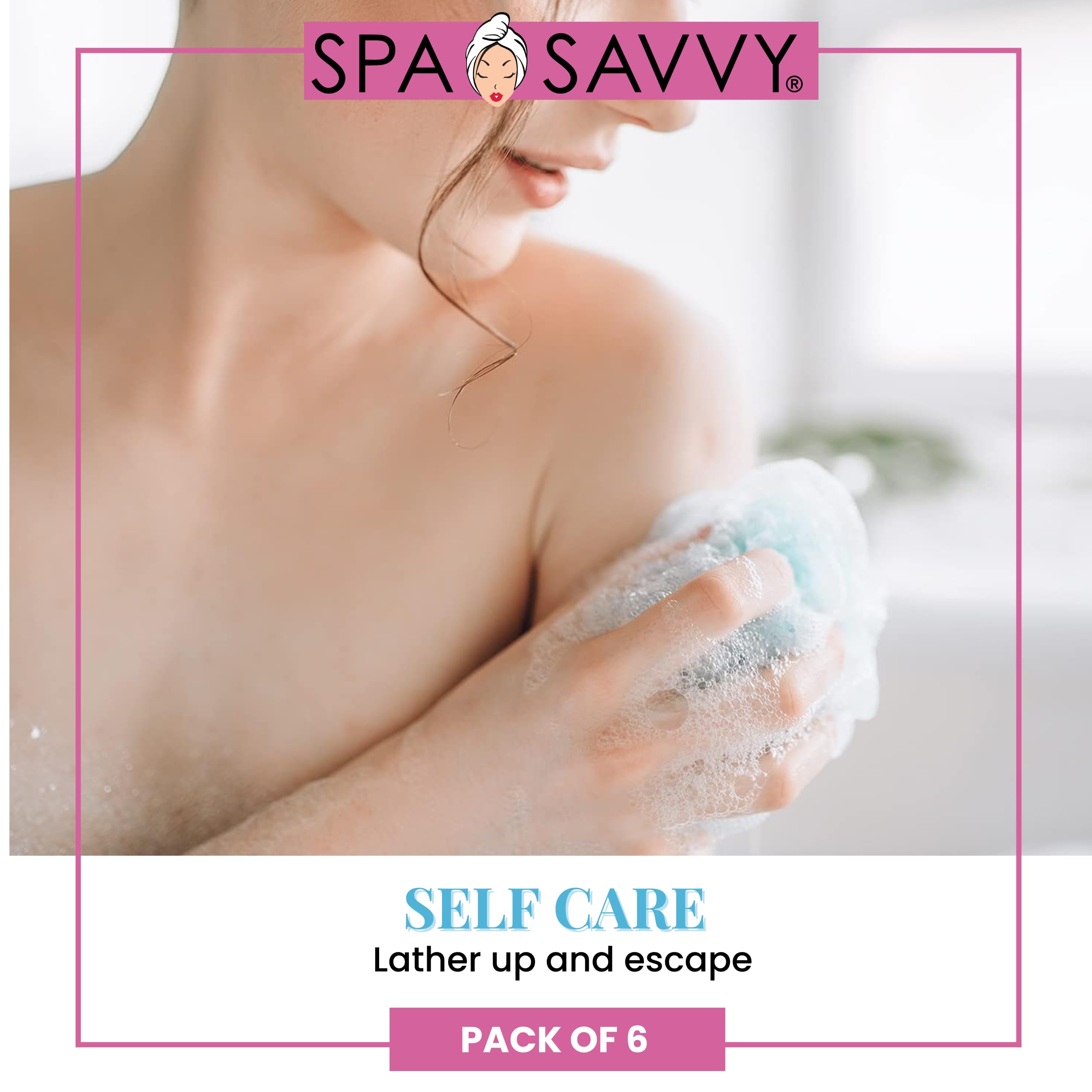 Spa Savvy Bath Loofah Set, Pack of 6 Shower Body Sponges with Suction Cups for Men and Women, Exfoliating Pouf Bath Accessories, Multicolor