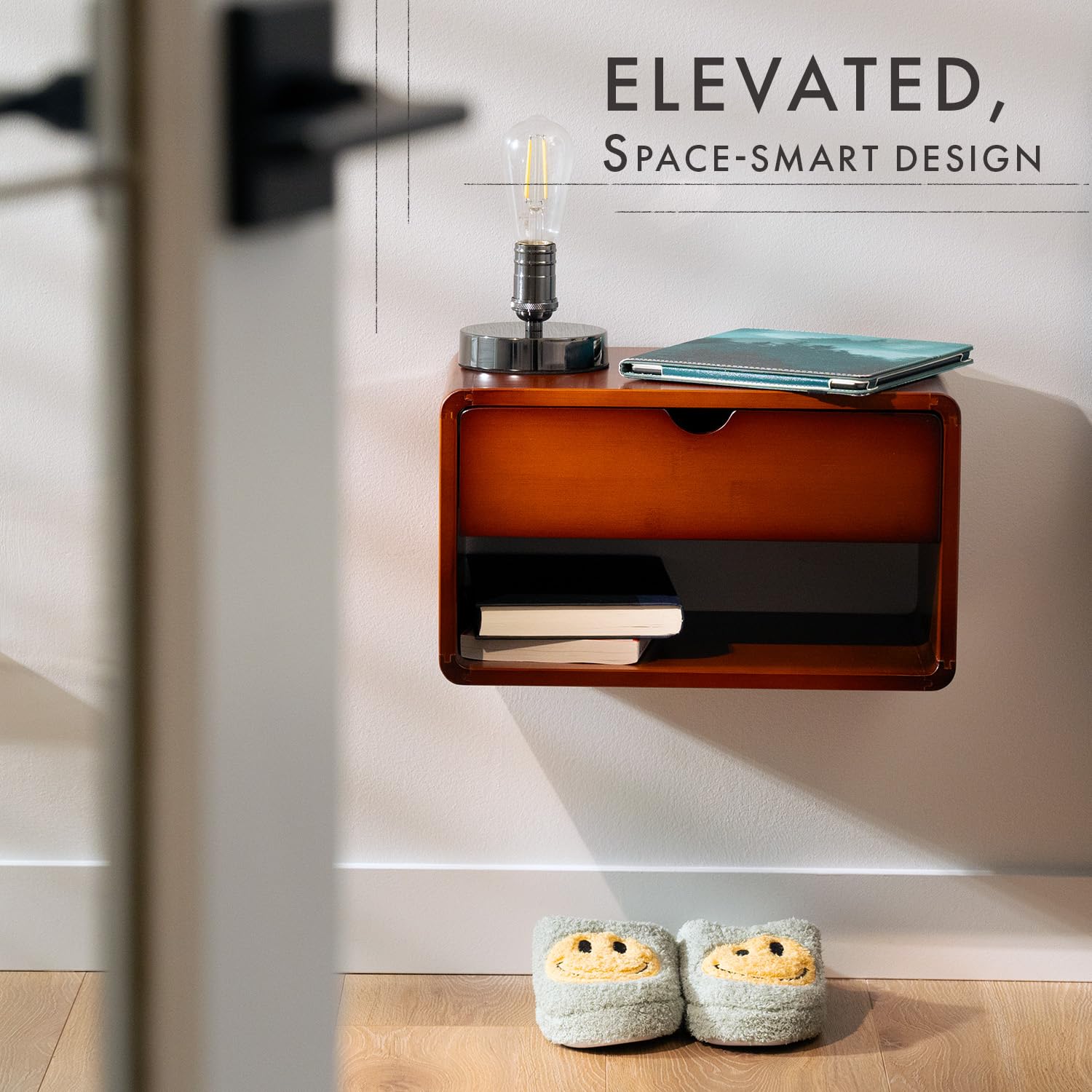 Comfify Modern Floating Nightstand with Drawer – Small, Compact, Minimalist Bamboo Wall-Mount Bedside Shelf, – Midcentury Design, Easy Installation, Clear Instructions - Dark Mahogany Finish