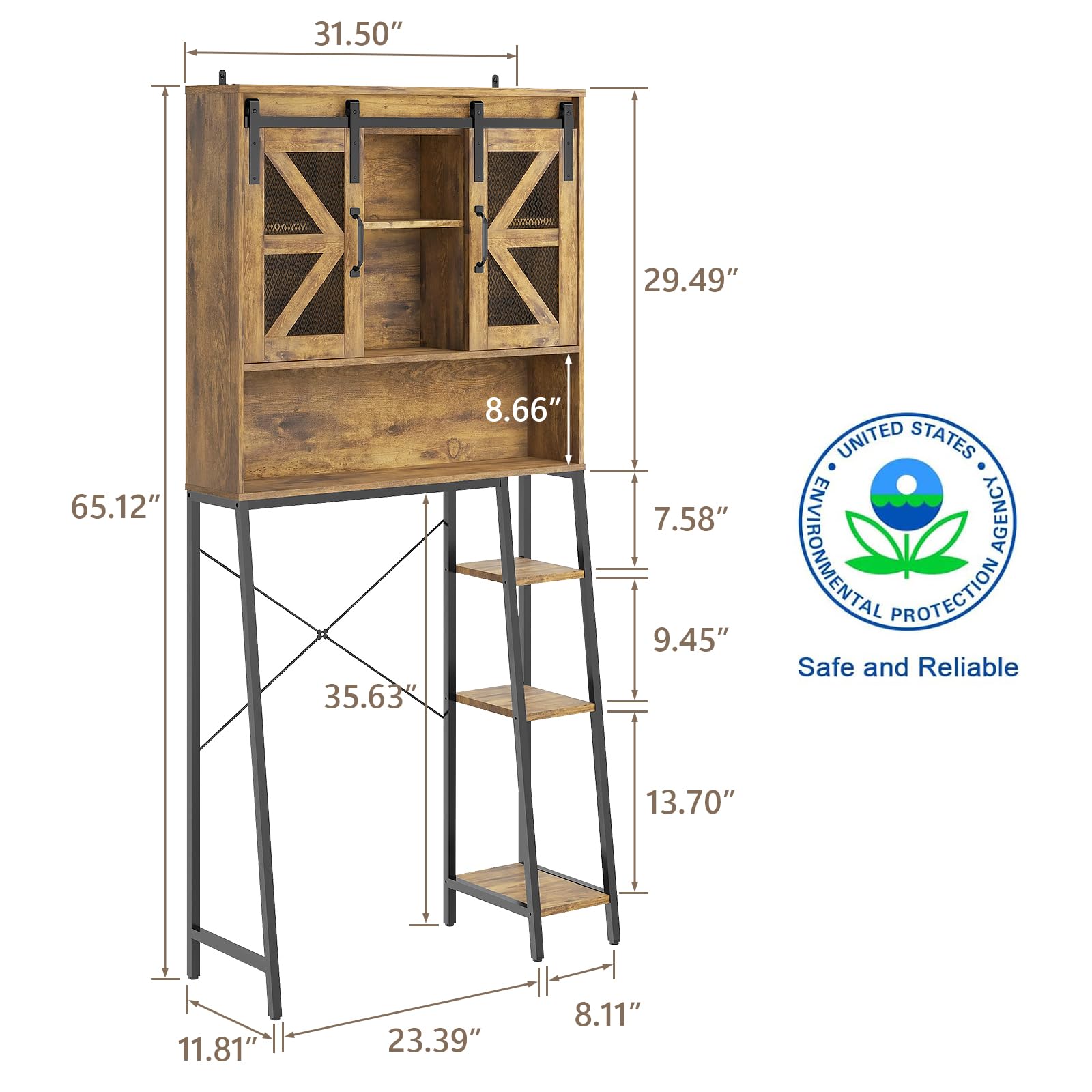 Befrases Over The Toilet Storage Cabinet, Farmhouse Storage Cabinet Over Toilet with 2 Sliding Barn Door,Home Space-Saving Toilet Rack, for Bathroom, Restroom, Laundry.(Brown)