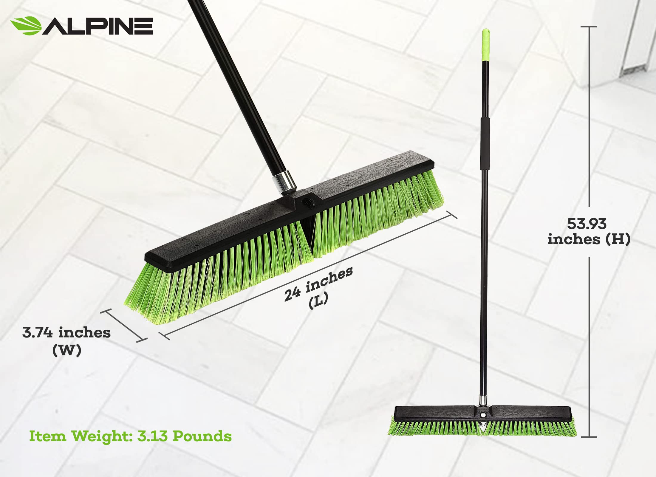 Alpine Industries Push Broom Heavy Duty Smooth Surface Broom Deck Scrubber Long Handle Commercial Floor Scrub Broom Cleans Dirt, Debris, Sand, Mud, Leaves and Water (Green, 24 in)
