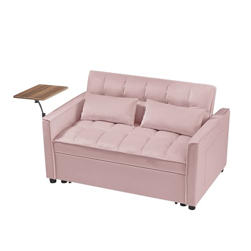 Comfy Velvet Tufted Upholstered Sofa Loveseat Convertible Futon Sofabed,Love Seat W/Pull Out Sleeper Couch Bed and 360 Adjustable Side Table for Coffee & Computer, Modern Compact Daybed