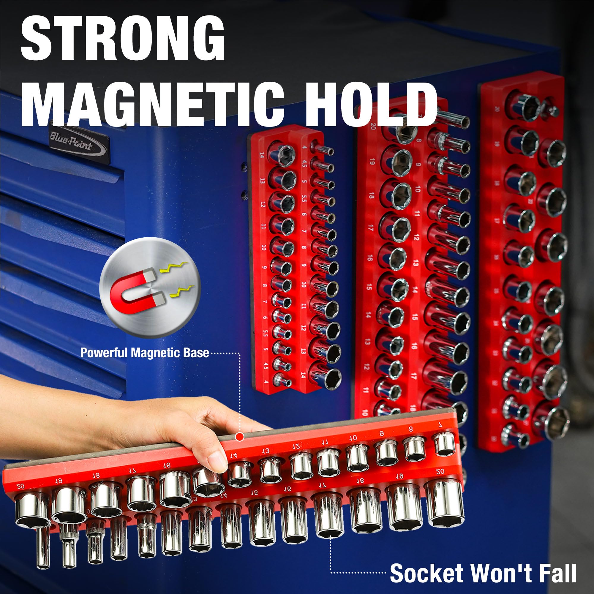 ALOANES 141-Slot Magnetic Socket Organizer, 6PC Socket Holder Kit, 1/2-inch, 3/8-inch, 1/4-inch Drive Socket Tray Holders,for Standard and Deep Metric SAE Sockets, Heavy Duty Organizer(Red&Blue)