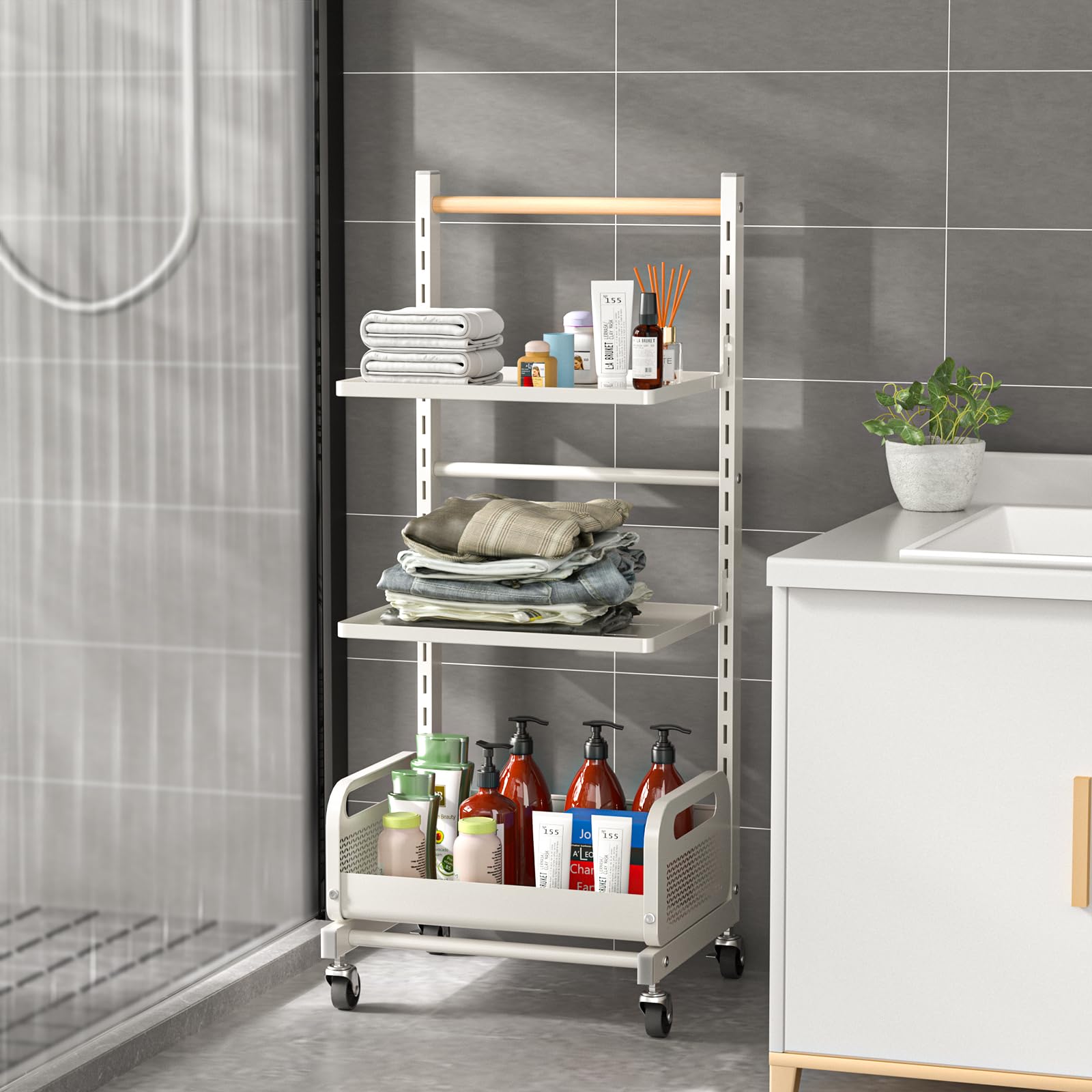 Aratan 3 Tier Rolling Cart, Small Utility Cart on Wheels, White Detachable Kitchen Cart Storage Organizer Cart with Wooden Handle for Home, Office and Classroom