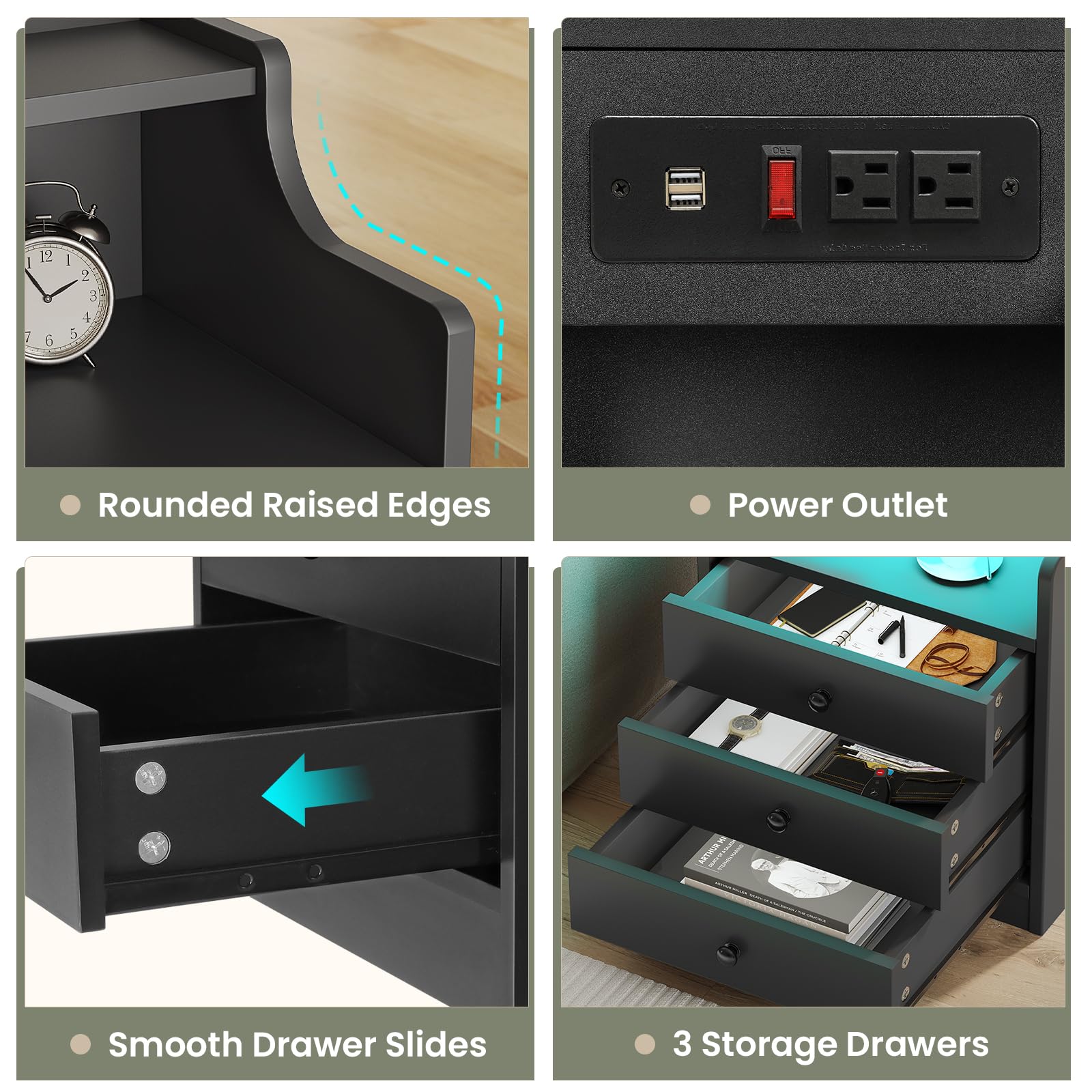 BTHFST Nightstand with Charging Station and LED Lights,Night Stand with Hutch,Bedside Table with Drawers,Modern End Side Table for Bedroom,Black
