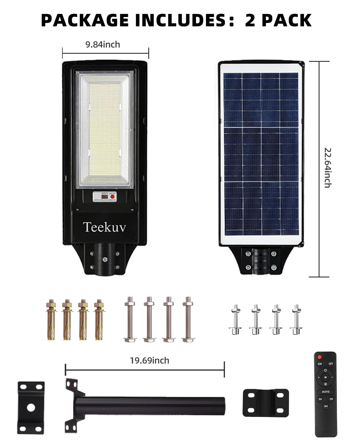 Teekuv 1500W Solar Street Lights Outdoor Waterproof, Dusk to Dawn Motion Sensor Remote Solar Flood Lights, IP67 Commercial Solar Pole Security Light Solar Powered for Street Garage Barns Squre, 2 Pack