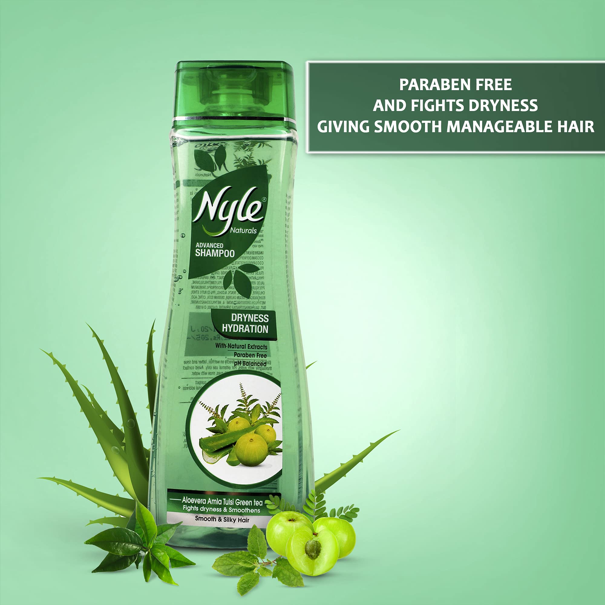 Nyle Dryness Hydration Shampoo (400ml)(13.52 Fluid ounces) with goodness of natural extracts of Aloevera, Tulsi, Amla and Green Tea