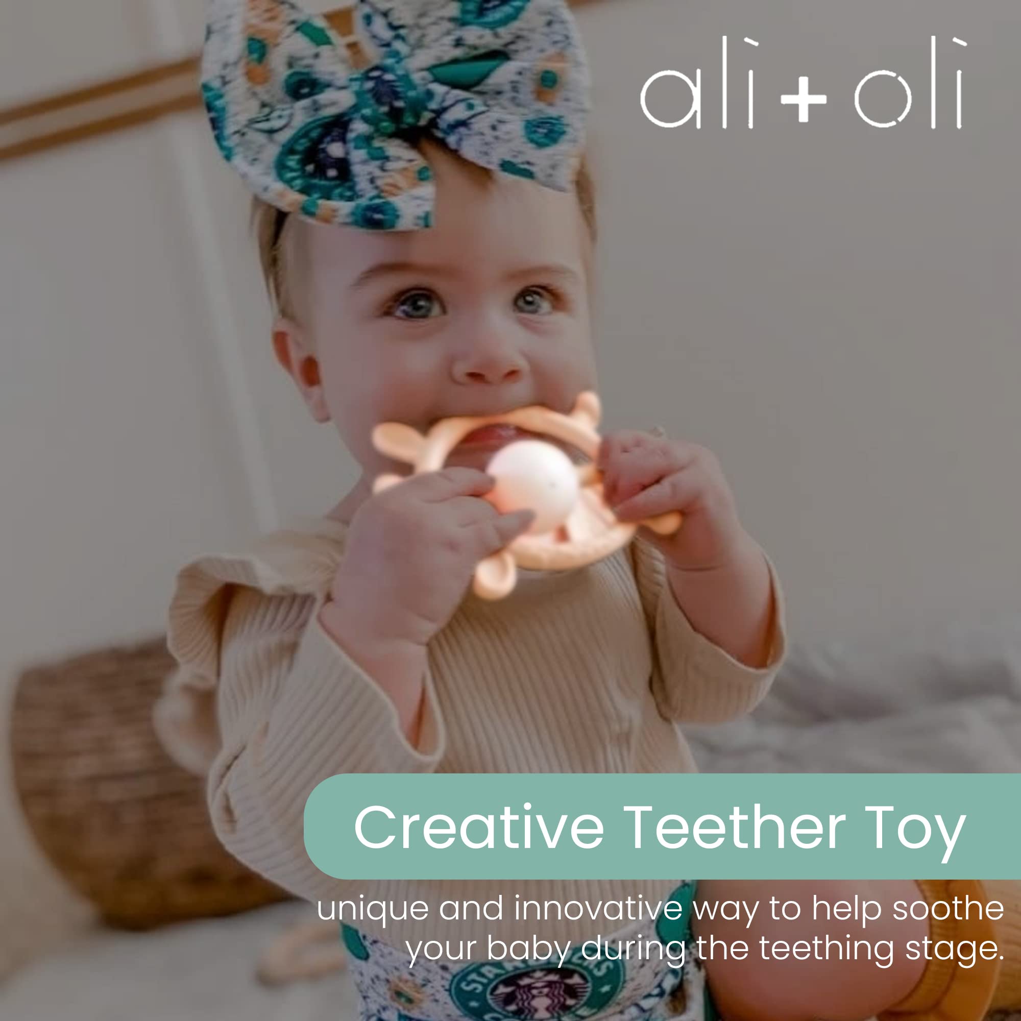 Ali+Oli Baby Teether & Rattle (Mist Giraffe) Baby Teething Relief, Silicone Teethers for Babies 3+ Months, Baby Teething Toys w/Multi-Textured Surface, BPA Free & Freezable Teethers for Babies