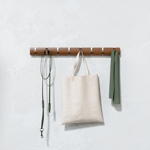 Umbra Flip Wall-Mounted Coat Rack Rail Hook for Hats, Jackets, Bags and More β Modern, Space-Saving Storage Organizer for Entryway, Mudroom, Closet, Bathroom, Bedroom, Kids Room, or Nursery, 8 Hooks, Light Walnut/Gold
