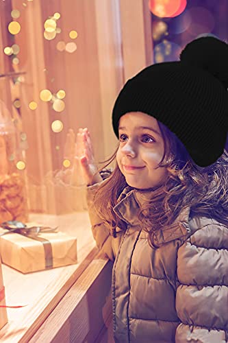 Arctic Paw Kids Beanie Todddler Pom Pom Hat Boys Girls Warm Lined Knit Winter Hat_Black