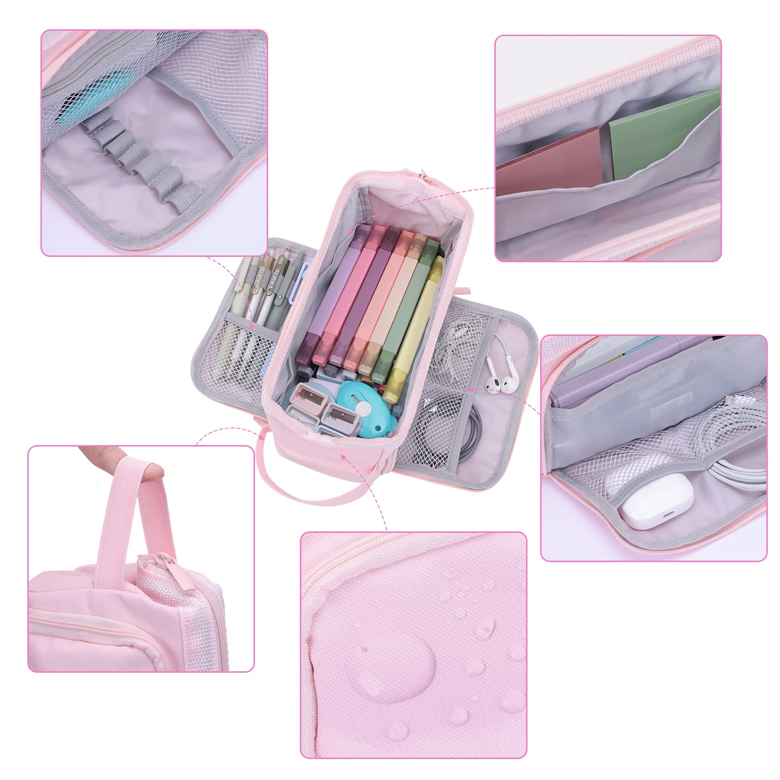 EOOUT Large Pencil Case, Big Capacity Pencil Bag with 3 Compartments, Can Hold 100 Pencils,Aesthetic School Supplies For Girls, Pink (Pink)