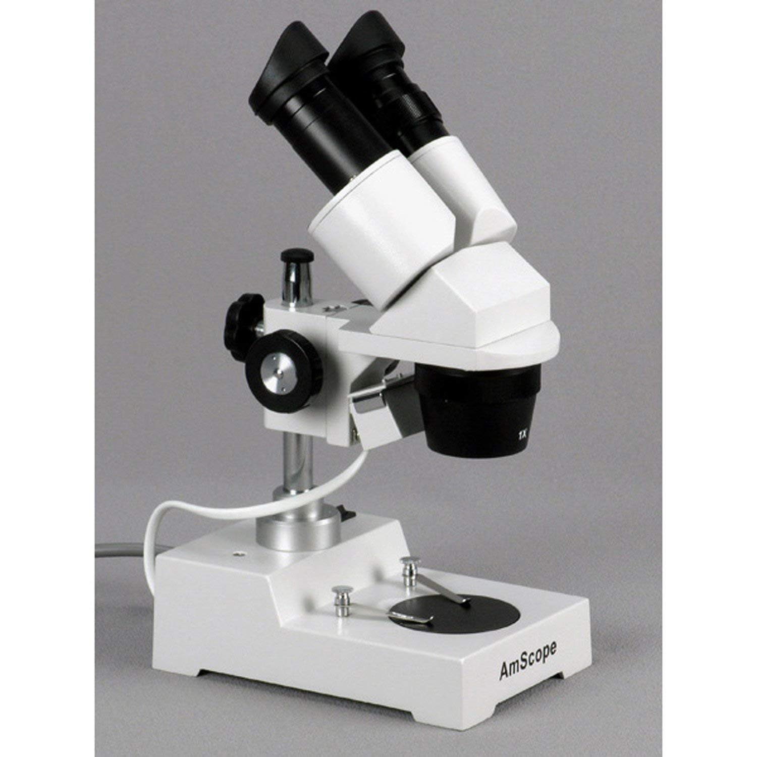 AmScope SE303-P Binocular Stereo Microscope, WF10x Eyepieces, 10X and 30X Magnification, 1X and 3X Objectives, Tungsten Lighting, Reversible Black/White Stage Plate, Pillar Stand, 110V