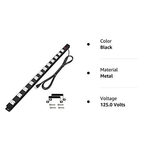ANKO 12-Outlet Heavy Duty Workshop Metal Power Strip; 15-Foot Long Extension Cord; Mounting Brackets Included; ETL Certified (Black)