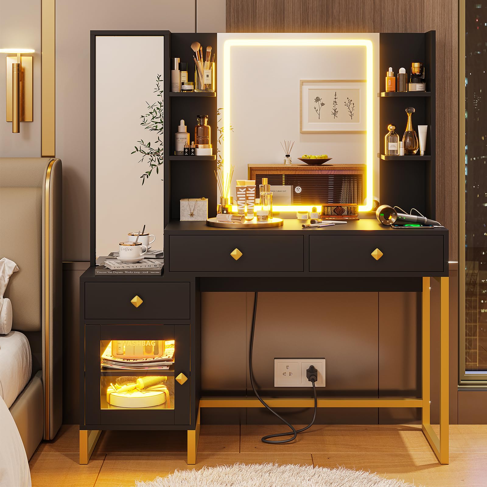 BTHFST Vanity Desk with Lighted Mirror & Jewelry Storage, Makeup Vanity with Lights & Charging Station & Full Length Mirror, Vanity Table with Drawers & Shelves & RGB Cabinet, White and Gold