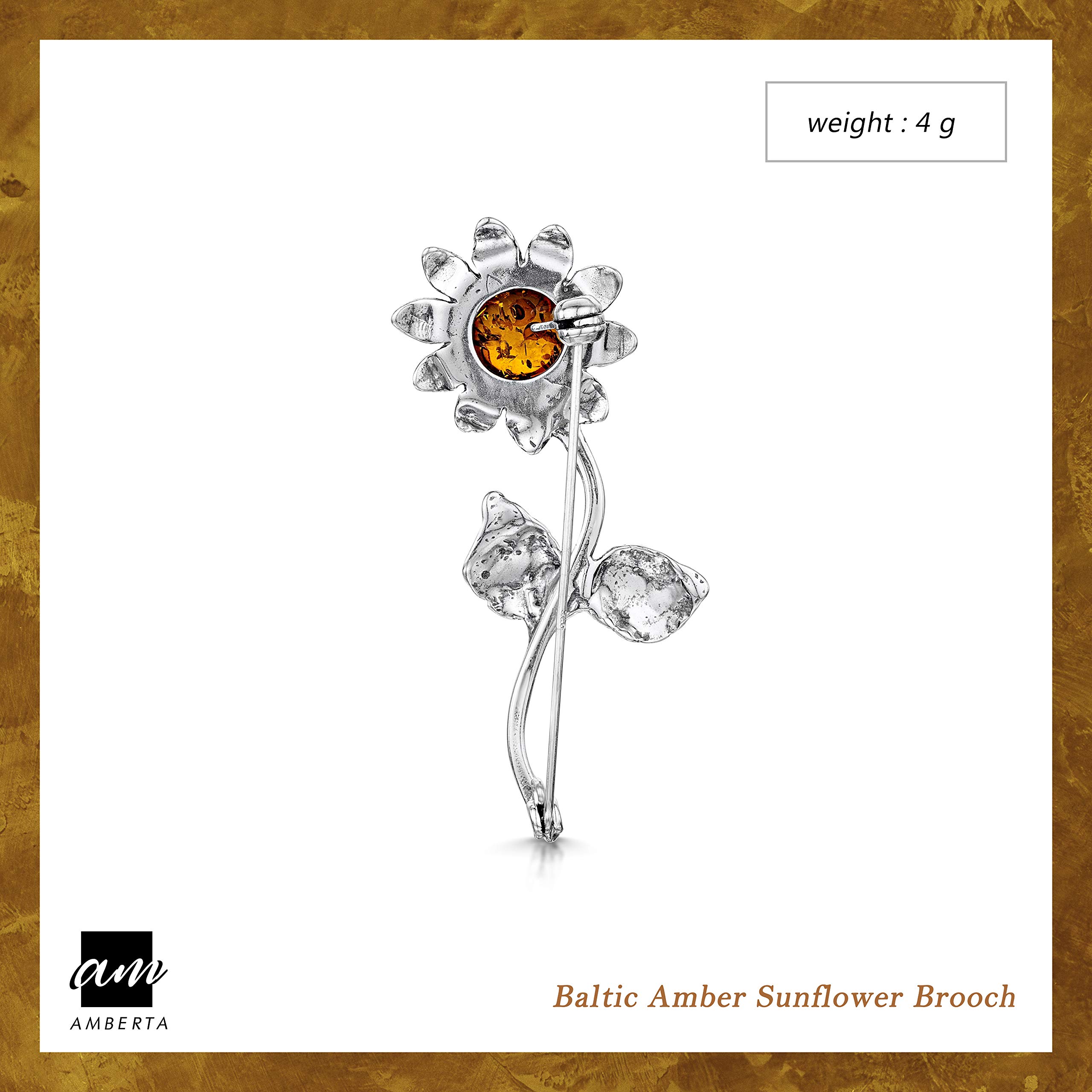 Amberta 925 Sterling Silver with Genuine Baltic Amber - Sunflower Brooch/Pin for Women - Honey Stone Color