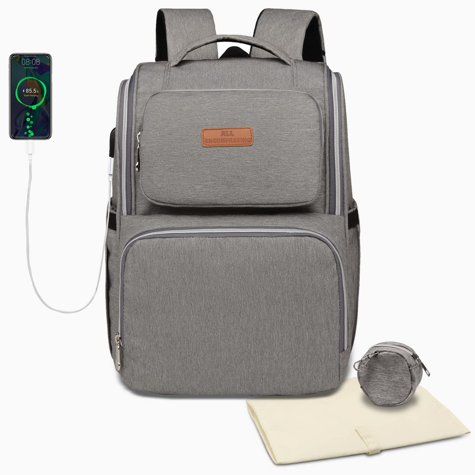 BRUSIORI Diaper Bag Backpack, Multifunction Waterproof Travel Back Pack Bag, Bay Bags with Changing Pad, Stroller Straps, Pacifier Case, Large Capacity Diaper Bag for Boys Girls, Grey