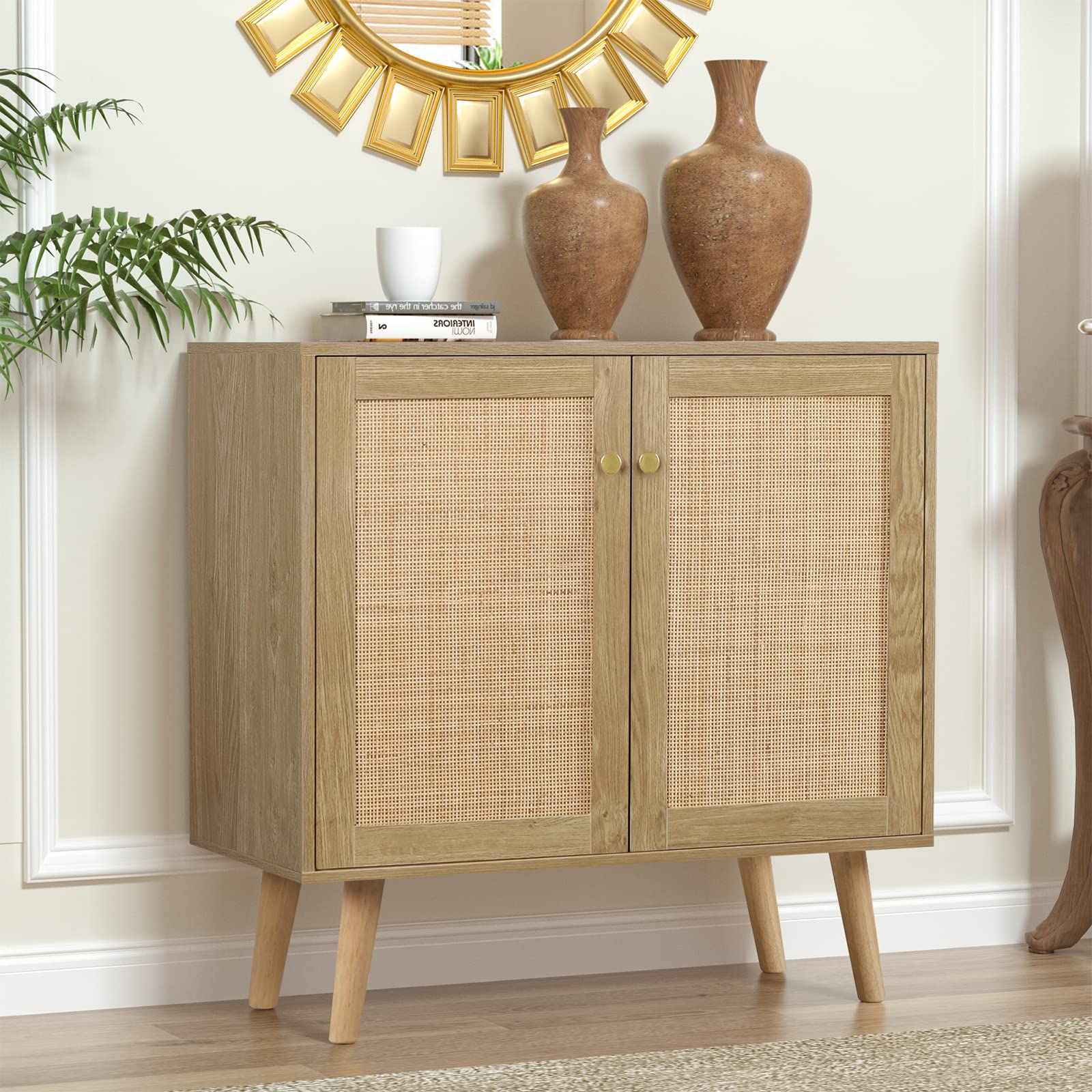 Anmytek Rattan Cabinet, 2 Door Sideboard Buffet Cabinet with Adjustable Shelf Wood Storage Cabinet for Living Room Dining Room Kitchen Hallway Entryway,H0082