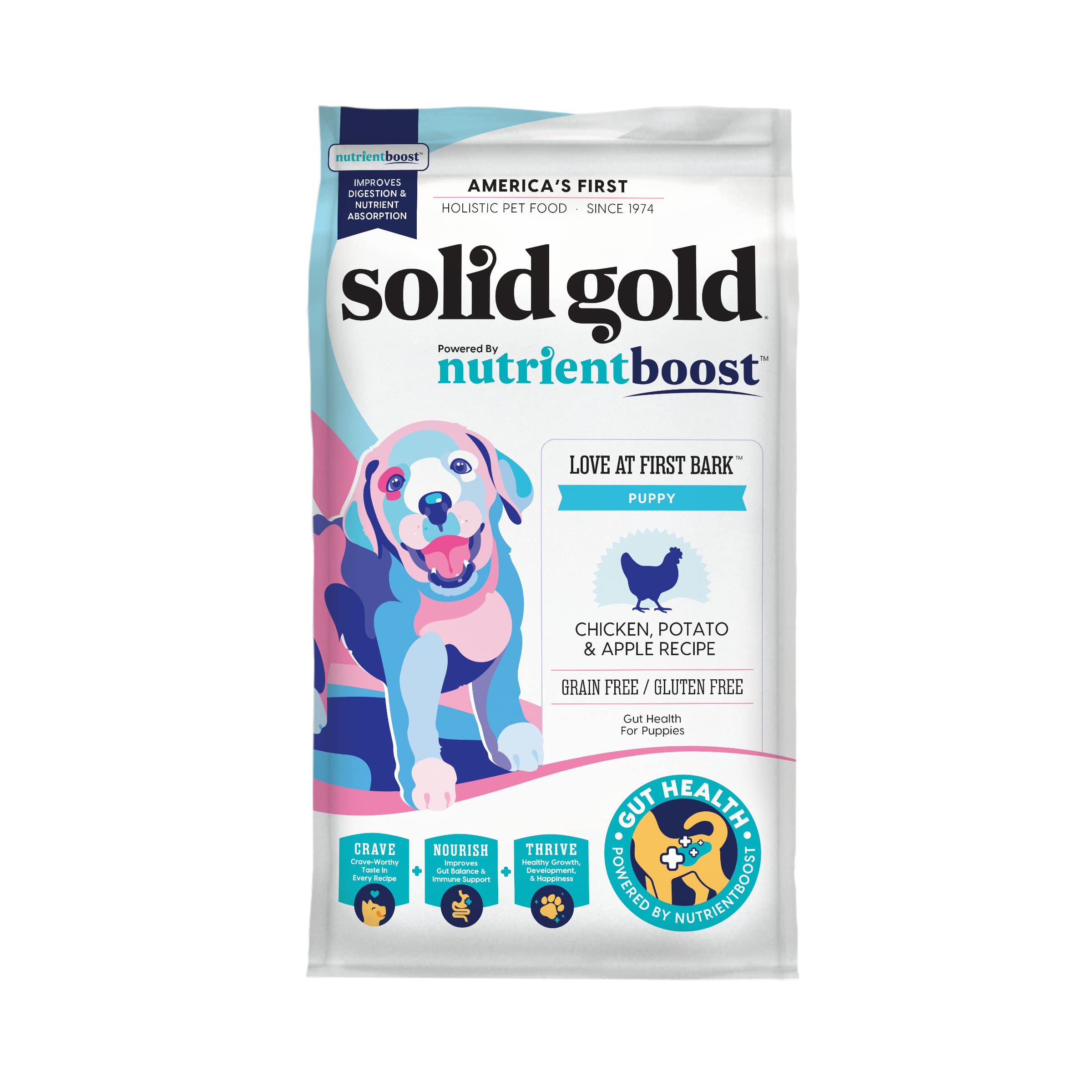 Solid Gold Dry Puppy Food w/Nutrientboost - Made with Real Chicken & Nutritious Superfoods - Love at First Bark Grain Free Puppy Dry Food for Healthy Growth, Energy and Gut Wellness - 3.75 LB Bag