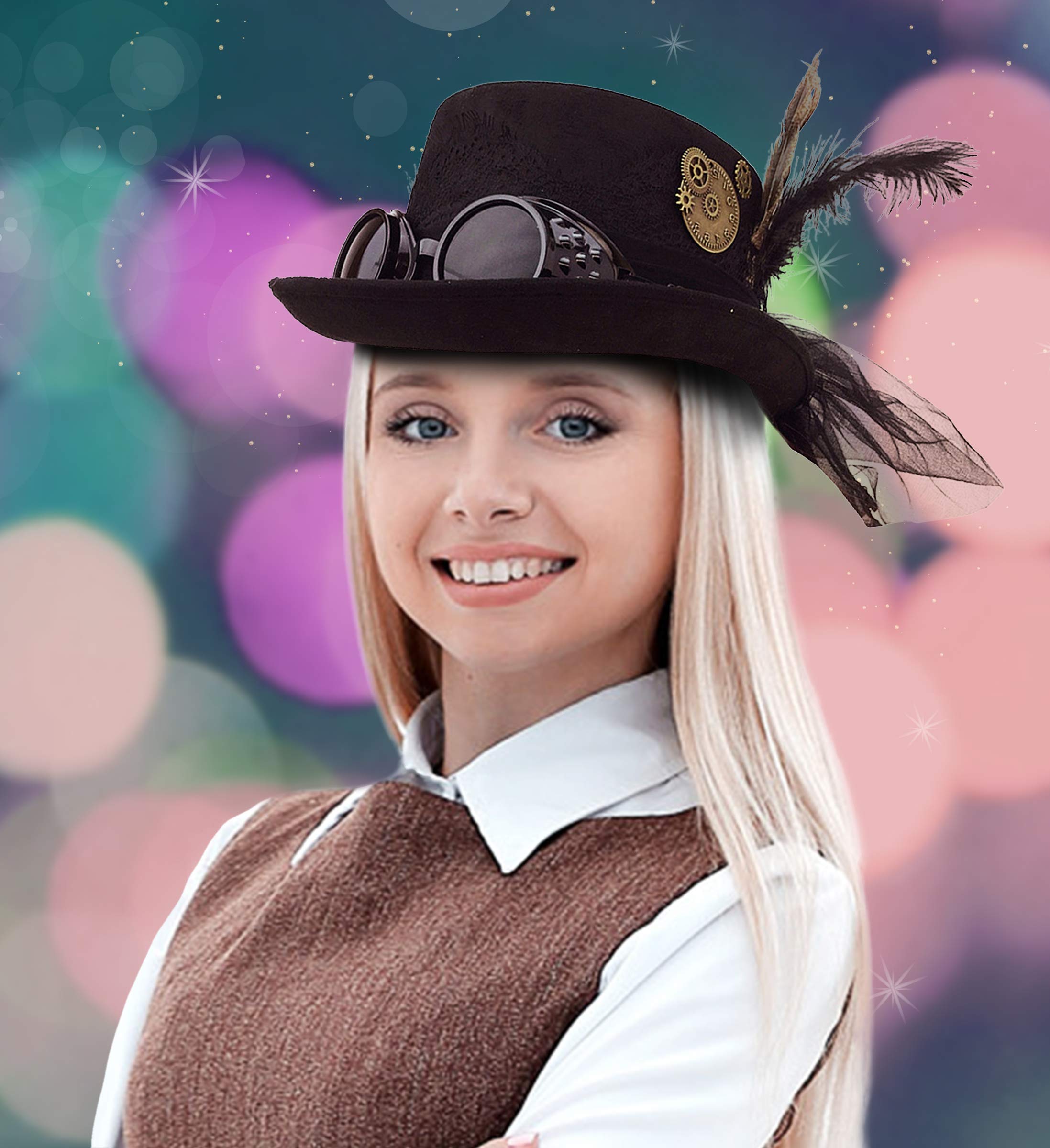 Attitude Studio Fedora Steampunk Hat with Goggles, Feathers, and Gears - Black
