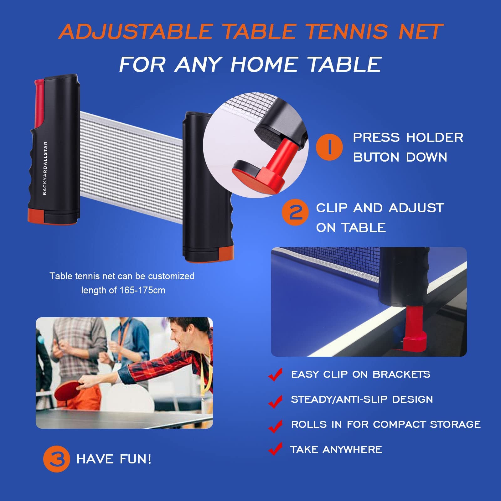 Backyard All Star Retractable Portable Table Tennis Net/Ping Pong Net with Storage Bag to Play Any Table up to 70 inch Wide and 2 inch Thick., Black