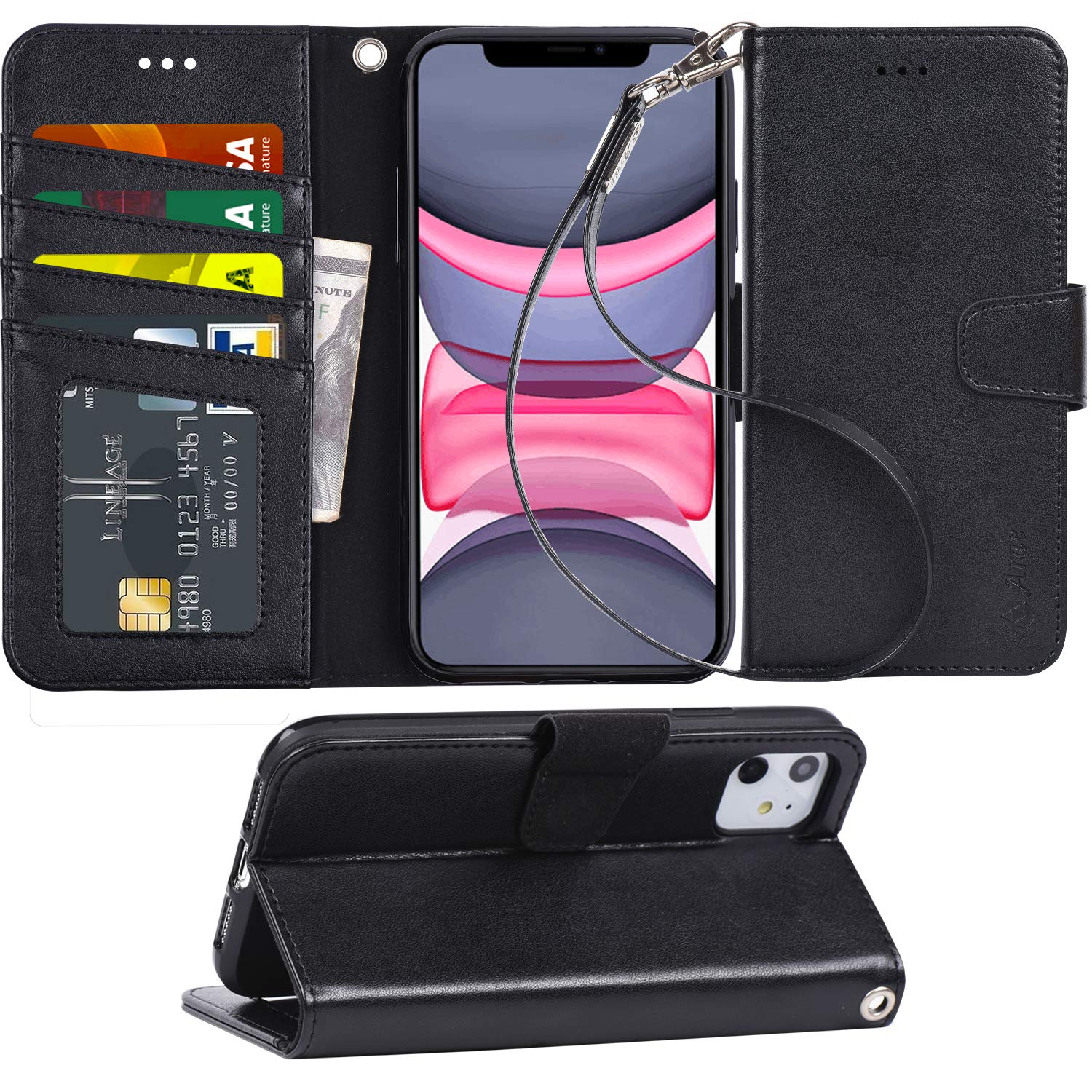 Arae Wallet Case for iPhone 11 Pro [5.8 inch] with Wrist Strap and Credit Card Holders - Rosegold