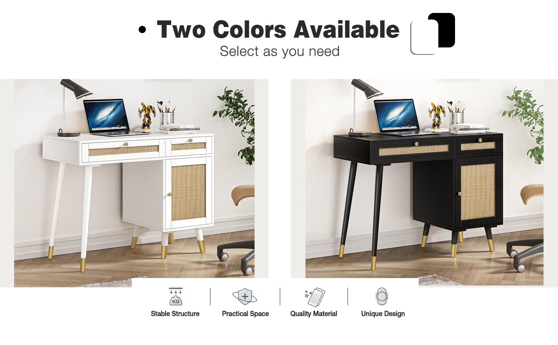 Anmytek Rattan Vanity Desk with Drawers and Storage, Black Makeup Vanity Table Modern Home Office Desk Computer Desk for Study D0005