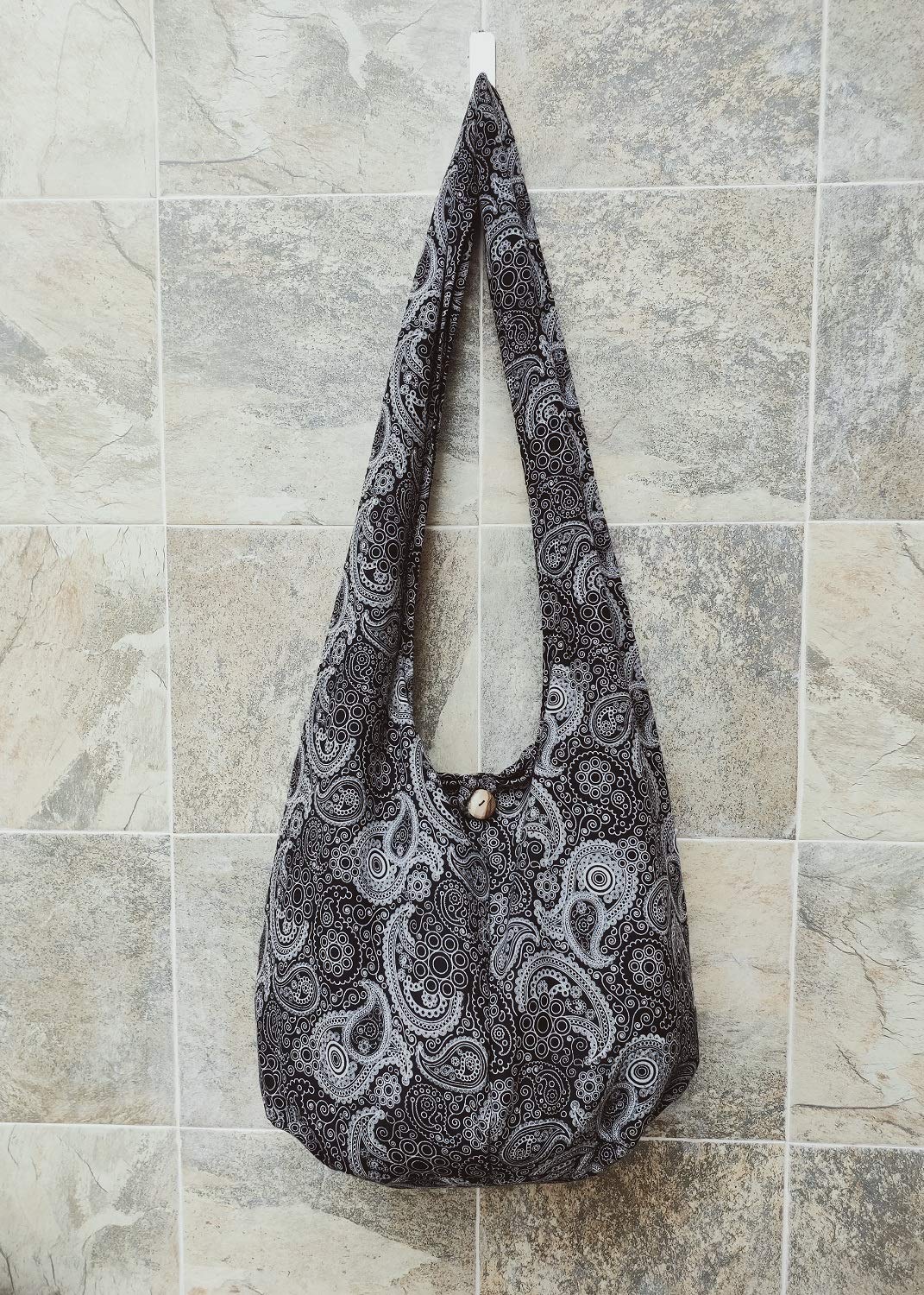 BTP! Thai Cotton Hippie Hobo Sling Crossbody Bag eco Friendly Shopping bag Paisley Print Large (Black PL3)