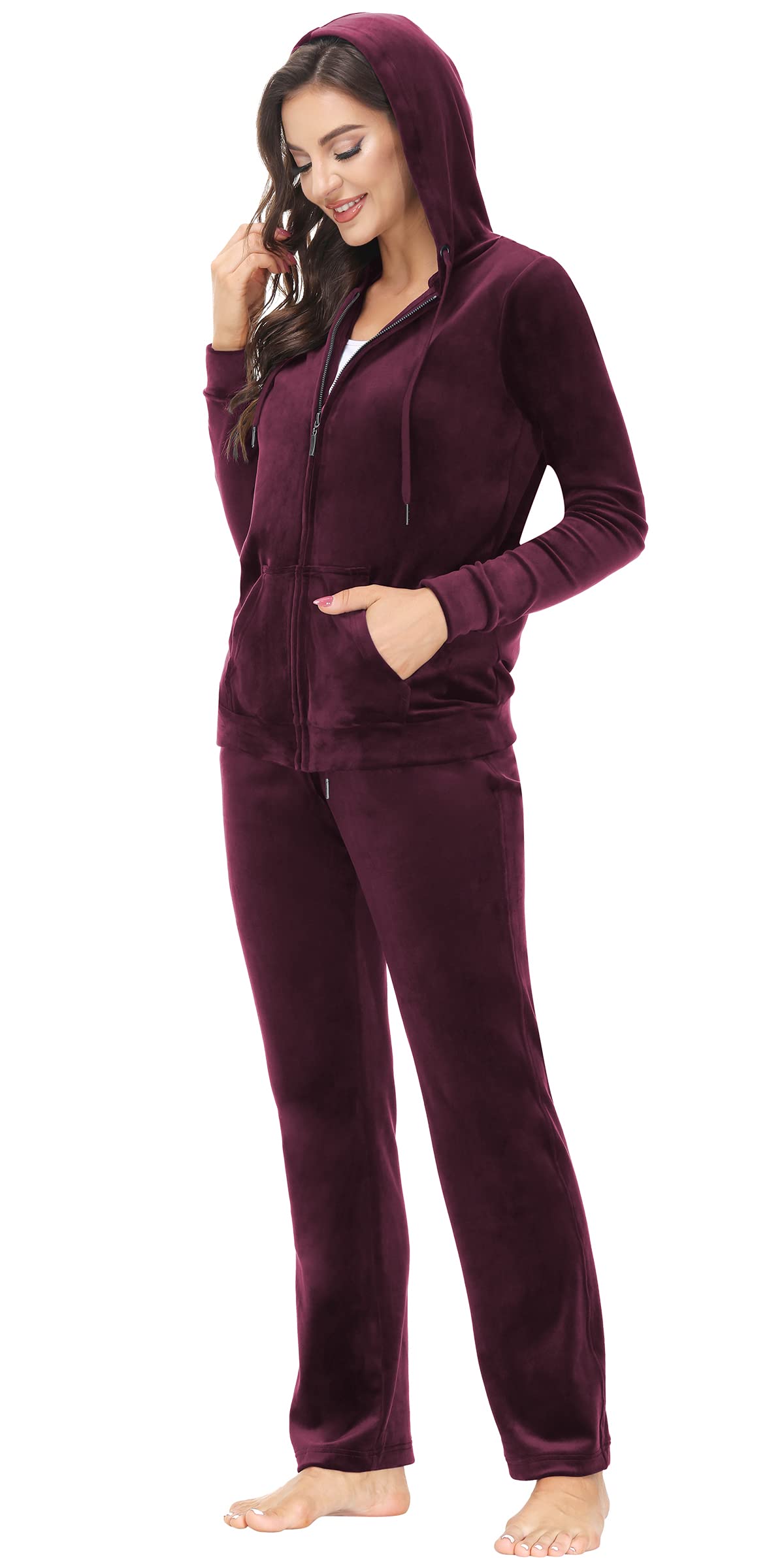 ANOTHER CHOICE Velour Tracksuit Women 2 Piece Zip-Up Velvet Sweatsuits Hooded Soft Jogging Set(Wine,Small)