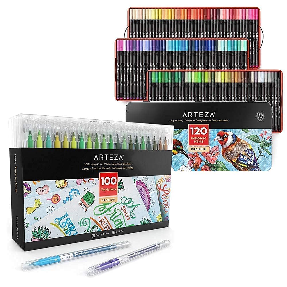 ARTEZA Fineliner Pens And Dual Tip Twimarkers Bundle, Drawing Art Supplies for Artist, Hobby Painters & Beginners