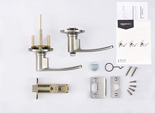 Amazon Basics Straight Door Lever With Lock, Privacy, Satin Nickel
