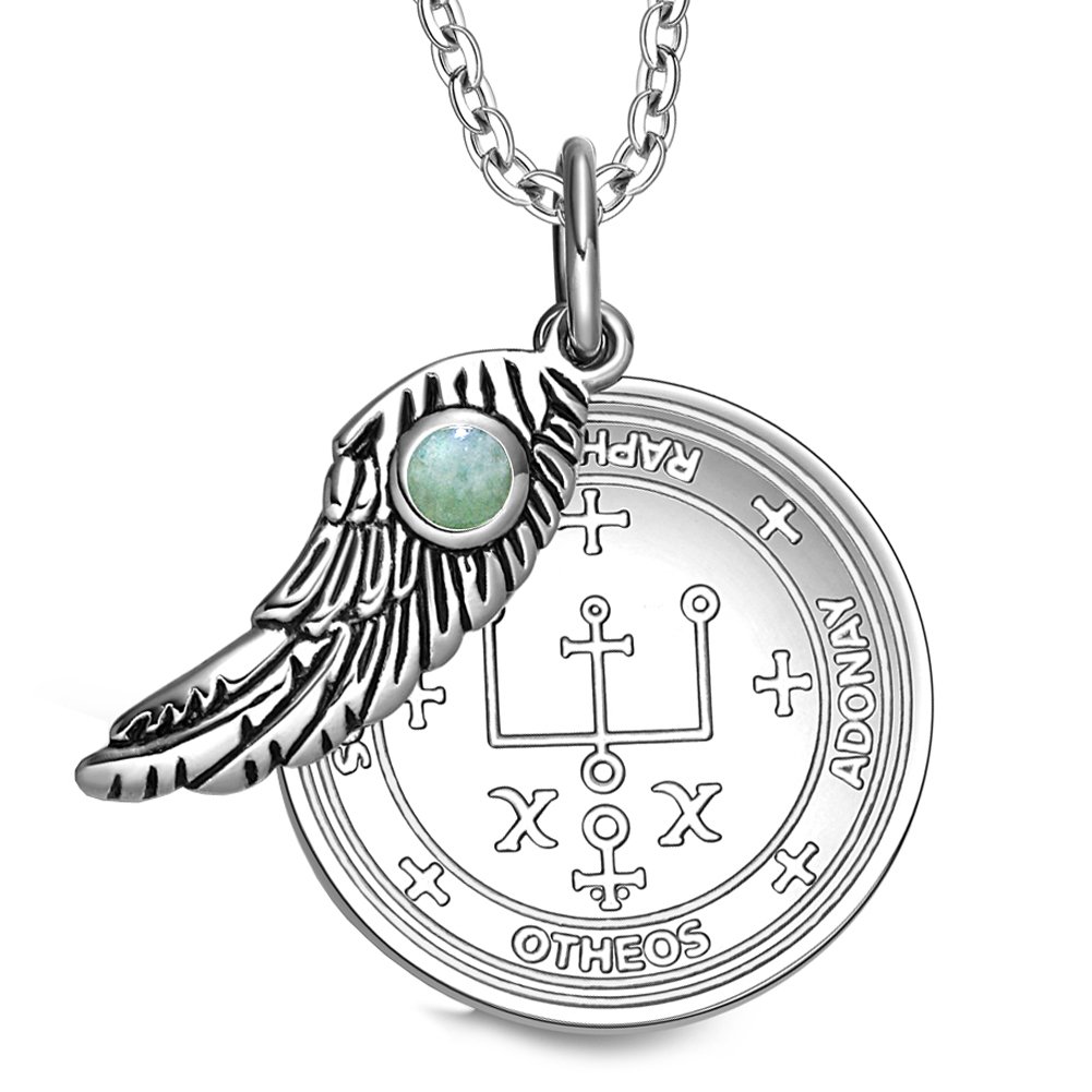 Archangel Raphael Sigil Amulet Magic Powers Angel Wing Charm Green Quartz Pendant 18 Inch Necklace