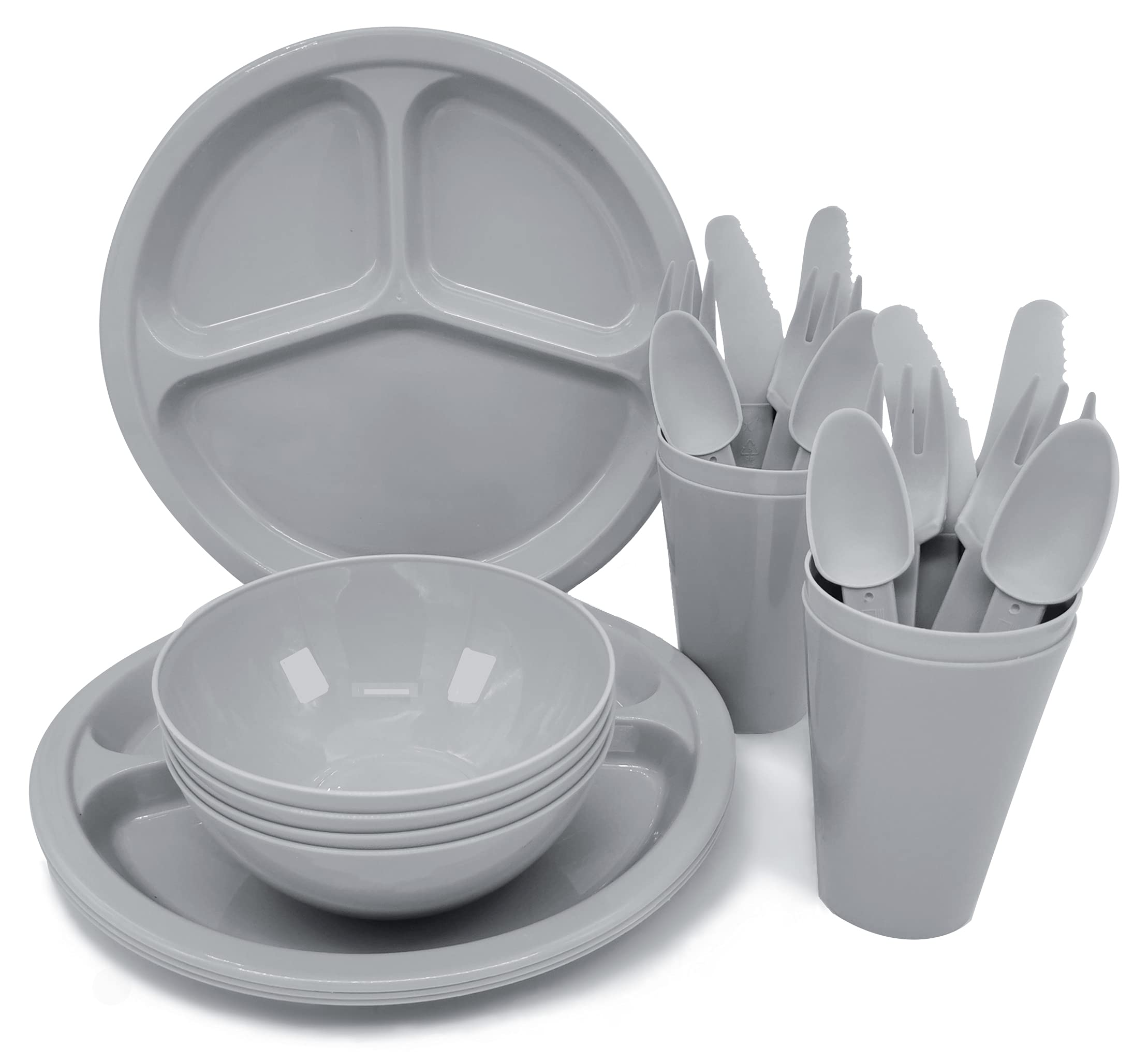 Apartment Essentials for First Apartment Dorm room Essentials Plastic Divided Plates Set Reusable Dishes Set for 4 Microwave Safe Camping Plates Cups and Bowls Set, BPA-Free, 24PCS