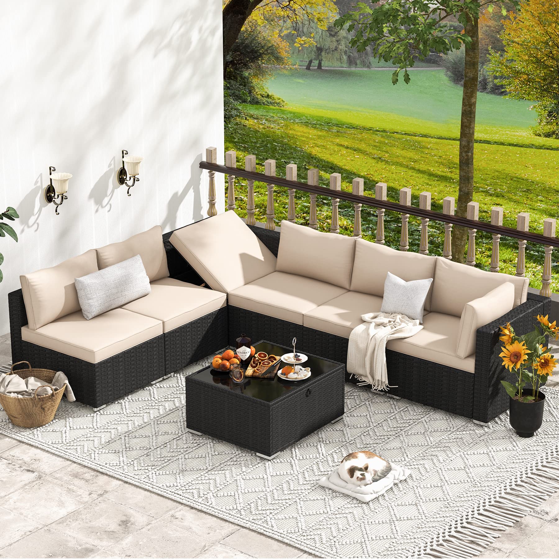 RYNSTO 7 Piece Patio Furniture Set with Adjustable Bracket Brown Rattan Wicker Patio Conversation Sets Sectional Sofa Set with Table and Cushions for Porch Lawn Garden, Beige