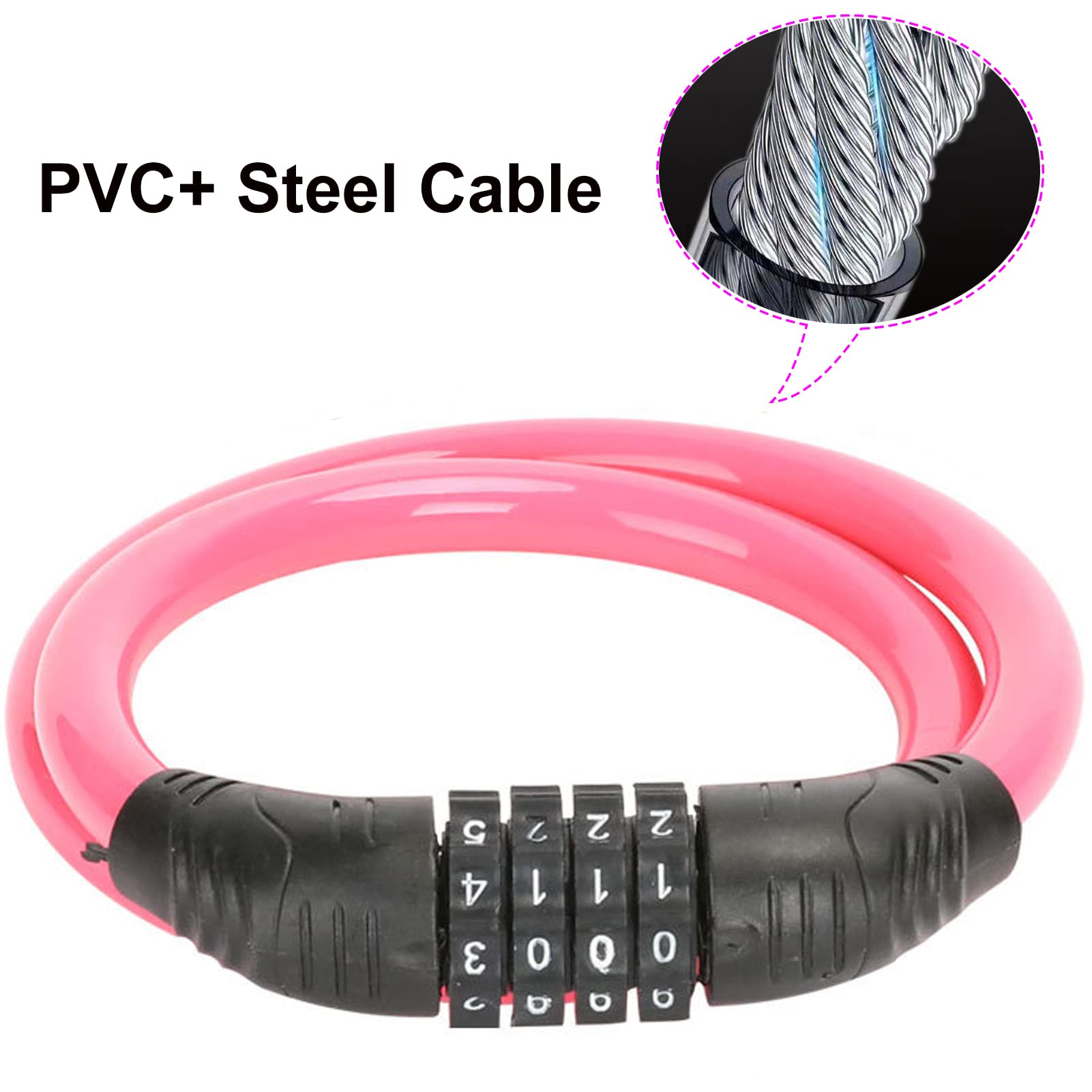 Bike Lock Cable, Anti Theft Bicycle Lock Chain, Bike Combination Lock 4 Digit Security Resettable Self Coiling Combination Cable Combo Bike Locks without Mounting Bracket, 2 Feet x 1/2 Inch (Rose)