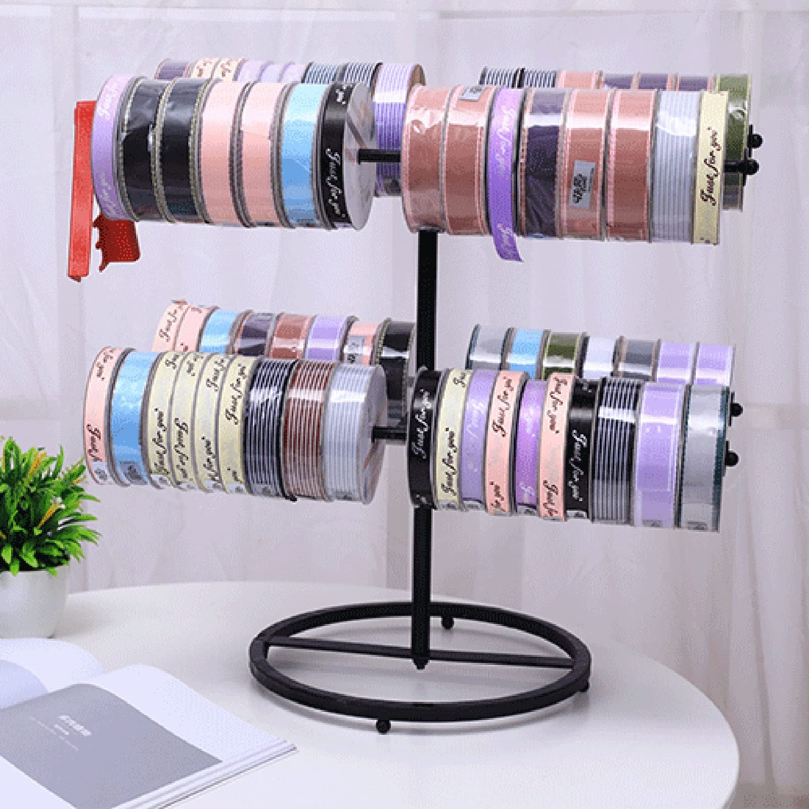 Desktop Ribbon Display Stand Two-Sided Ribbon Roll Storage Rack, 2-Tiers Iron Ribbon Shelf Holder for Cake/Gifts/Flowers Store, Black