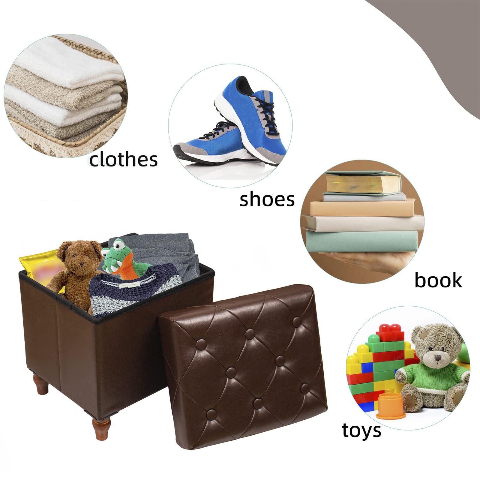 CAROLMADE Folding Storage Ottoman Cube PU Leather Footstool with Wood Legs Toy Storage for Living Room and Bedroom Brown, 15"x12.6"x15.4β