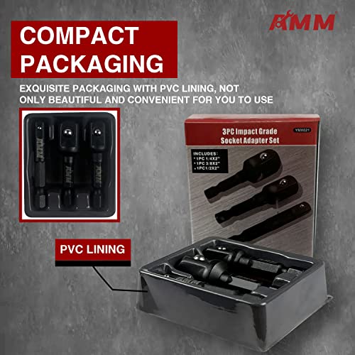 AMM Power Drill Sockets Adapter Sets,3-Piece Hex Shank Impact Driver Socket Adapter, Socket to Drill 1/4" 3/8" 1/2" Adapter
