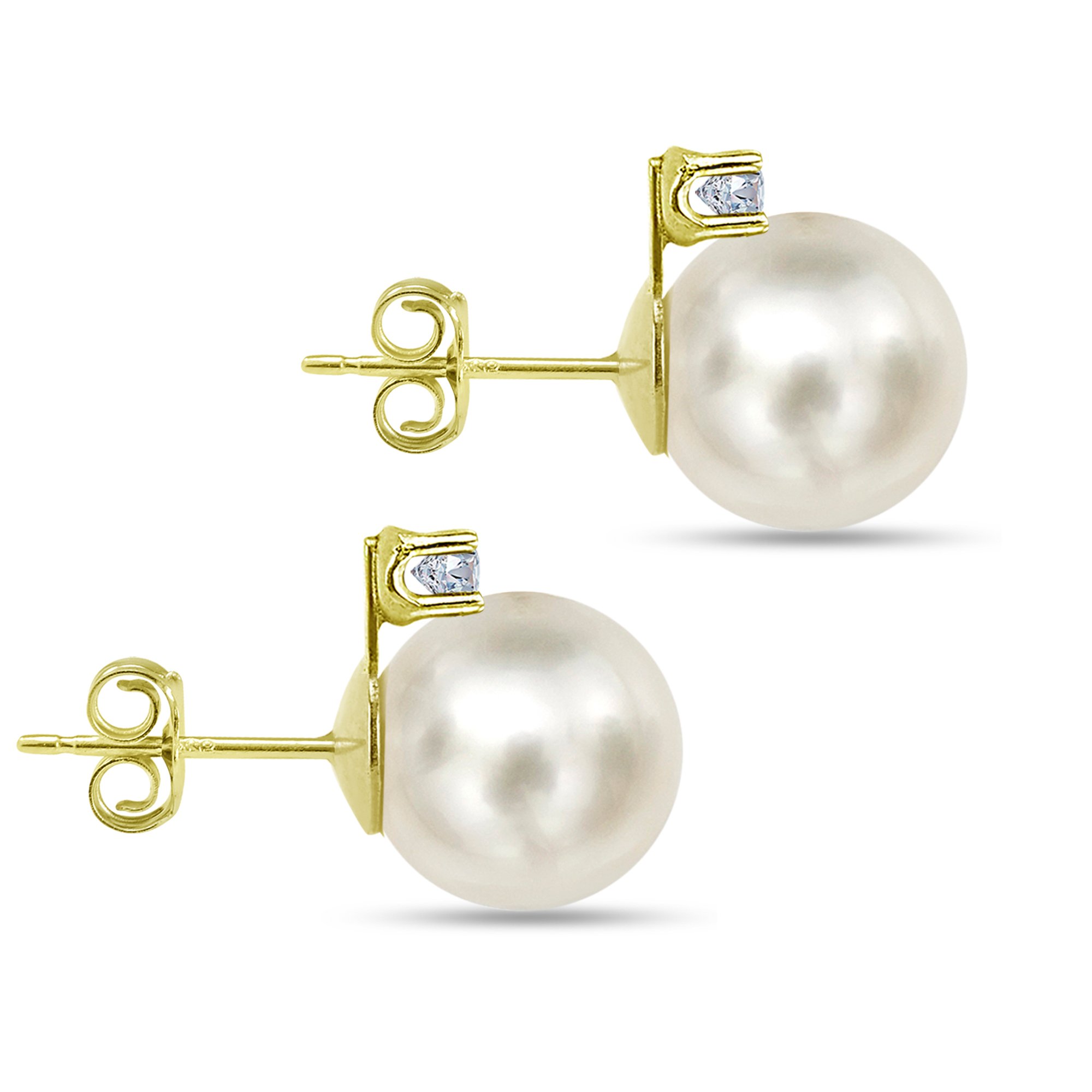 Amazon Collection 14k Yellow Gold 1/5cttw Diamond with 9-9.5mm Round White Freshwater Cultured Pearl Stud Earrings