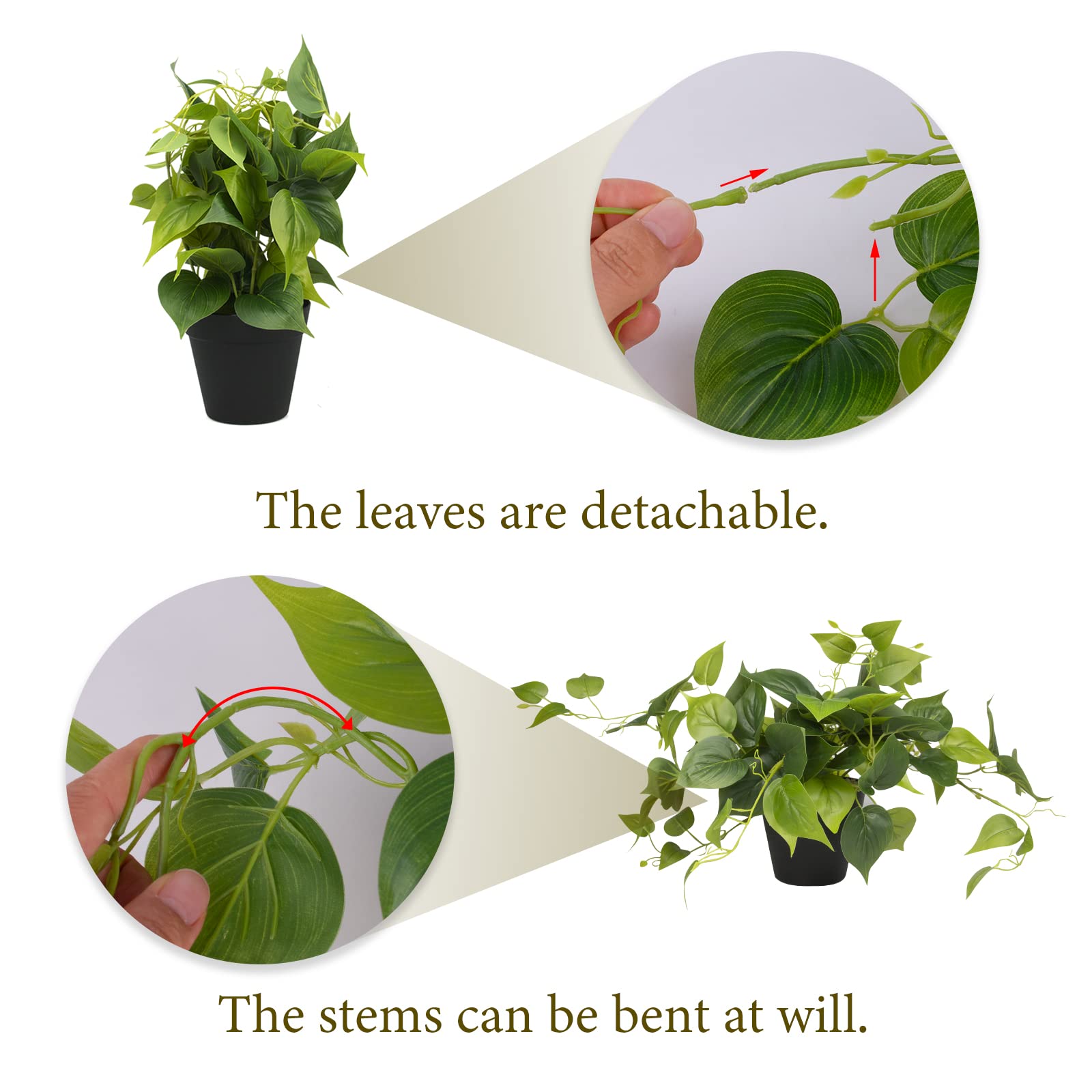 LOYWREE Artificial Plants in Pots, Faux Pothos Indoor Green Realistic Fake Plant for Home Office Garden Decoration - Black Pot