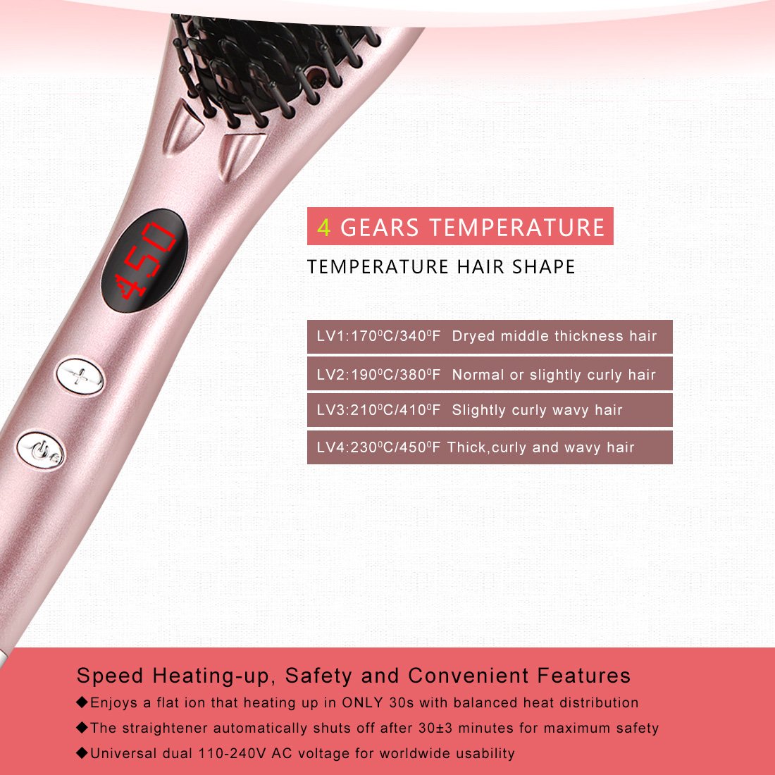 Azakio Hair Straightening Brush,Negative ions Straightener Comb with LED Display and MCH Faster Heating Technology, 450℉/230℃ Adjustable Temp & Digital Display, Auto-Off Design,Anti Static and Silky