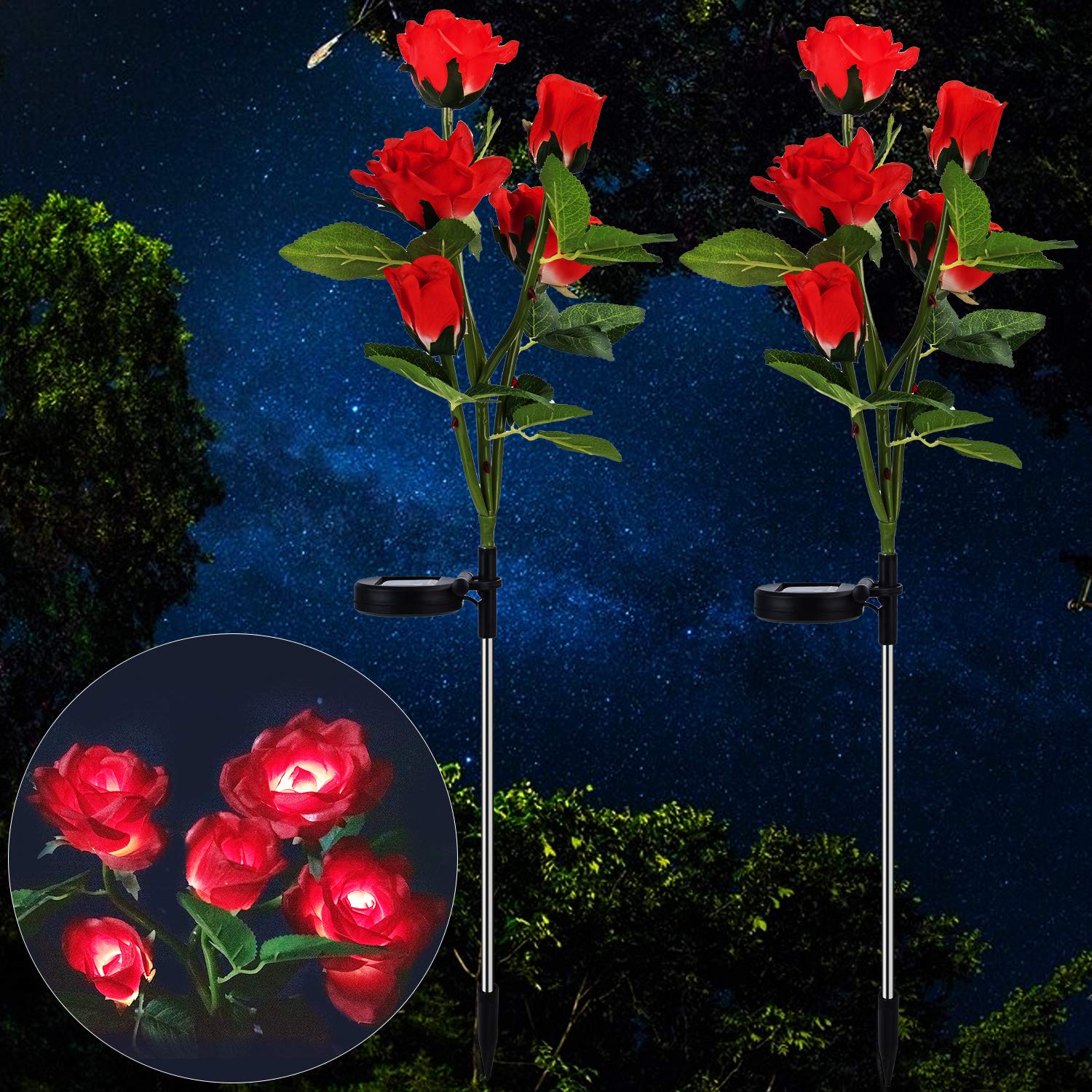 ASFSKY Solar Decorative Lights Outdoor Solar Rose Flower Lights for Garden Patio Yard Pathway Decoration 2 Pack with 10 Rose Flower (Red)